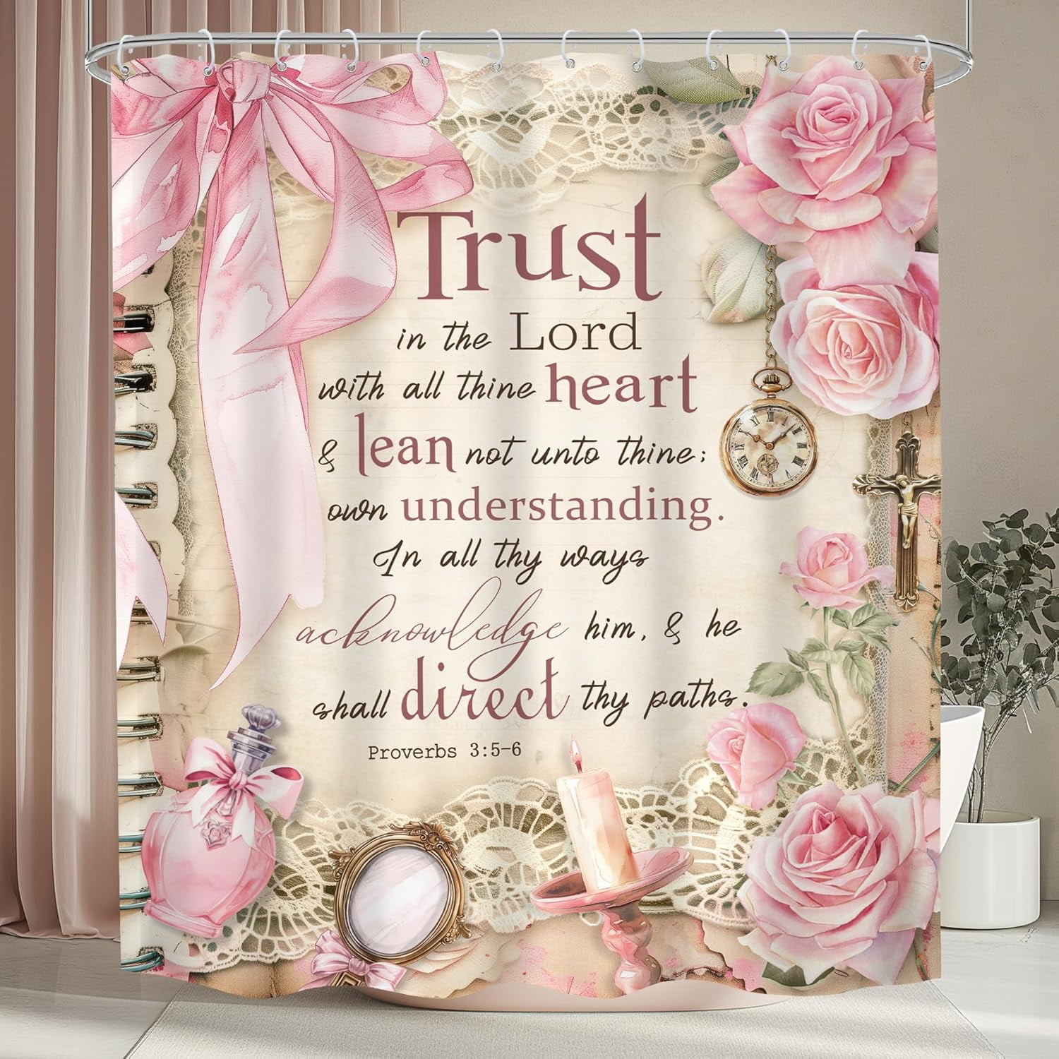 Pink Bow Bible Verse Shower Curtain for Woman Girl Christian Scriptures ...