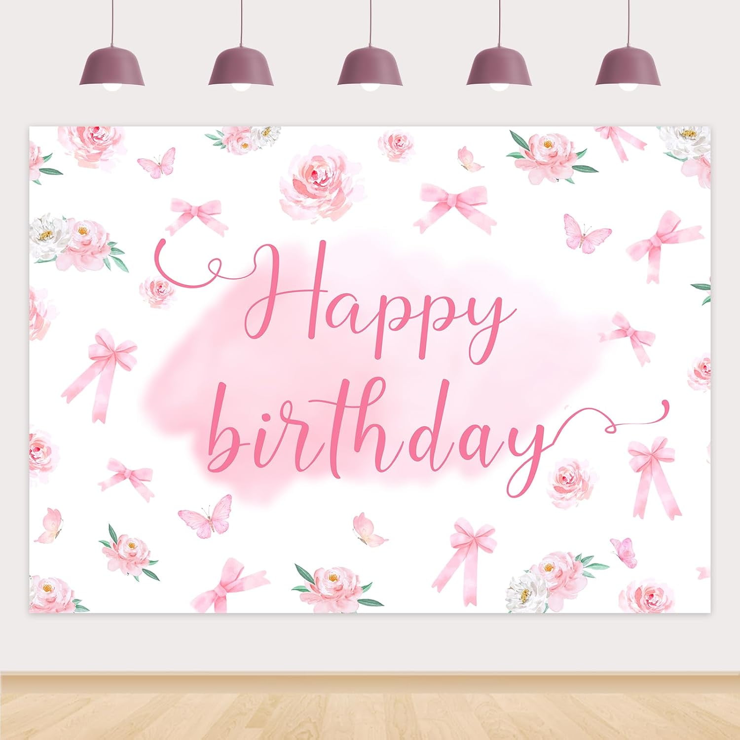 Pink Bow Birthday Decorations Banner Pink Bow Happy Birthday Party ...