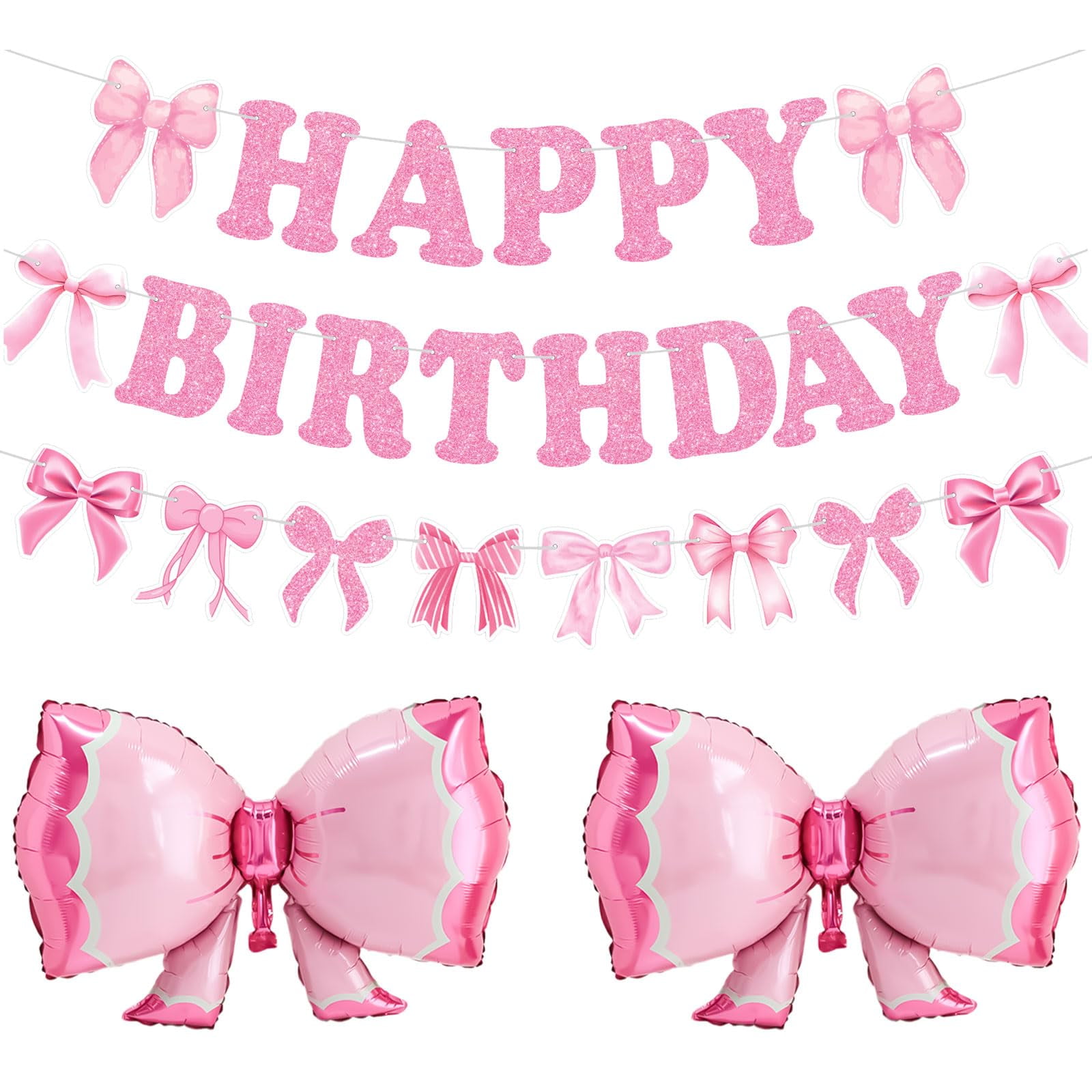 Pink Bow Birthday Decorations, Pink Happy Birthday Banner Bow Balloons ...