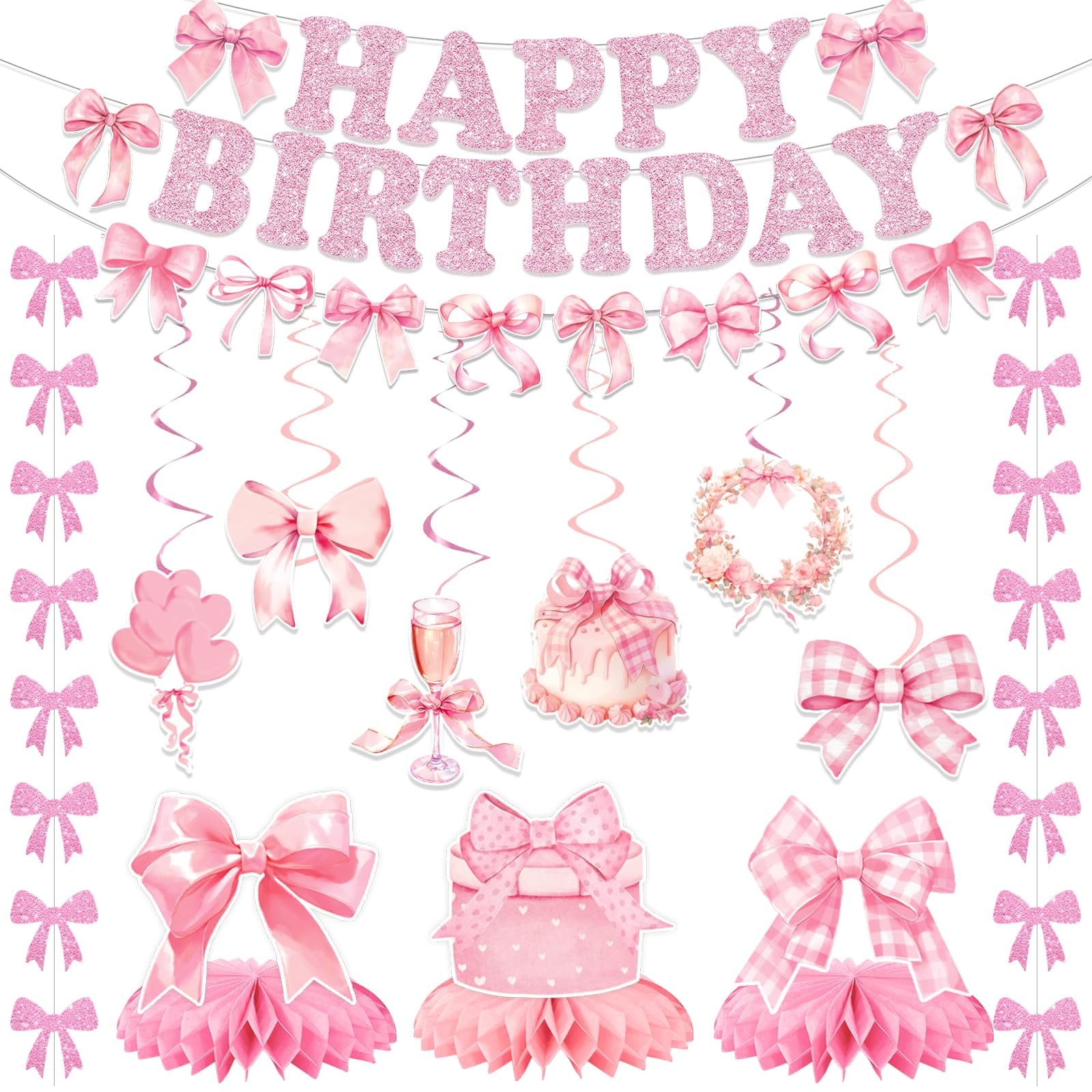 Pink Bow Birthday FEV6 Decorations Girl Bow Themed Decor Include Happy ...