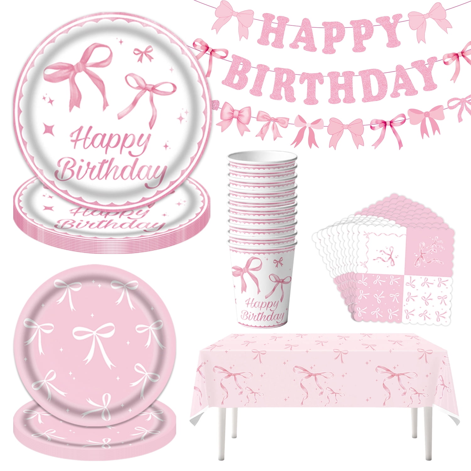 Pink Birthday Party Supplies, Pink Bow Party Decorations Includes ...