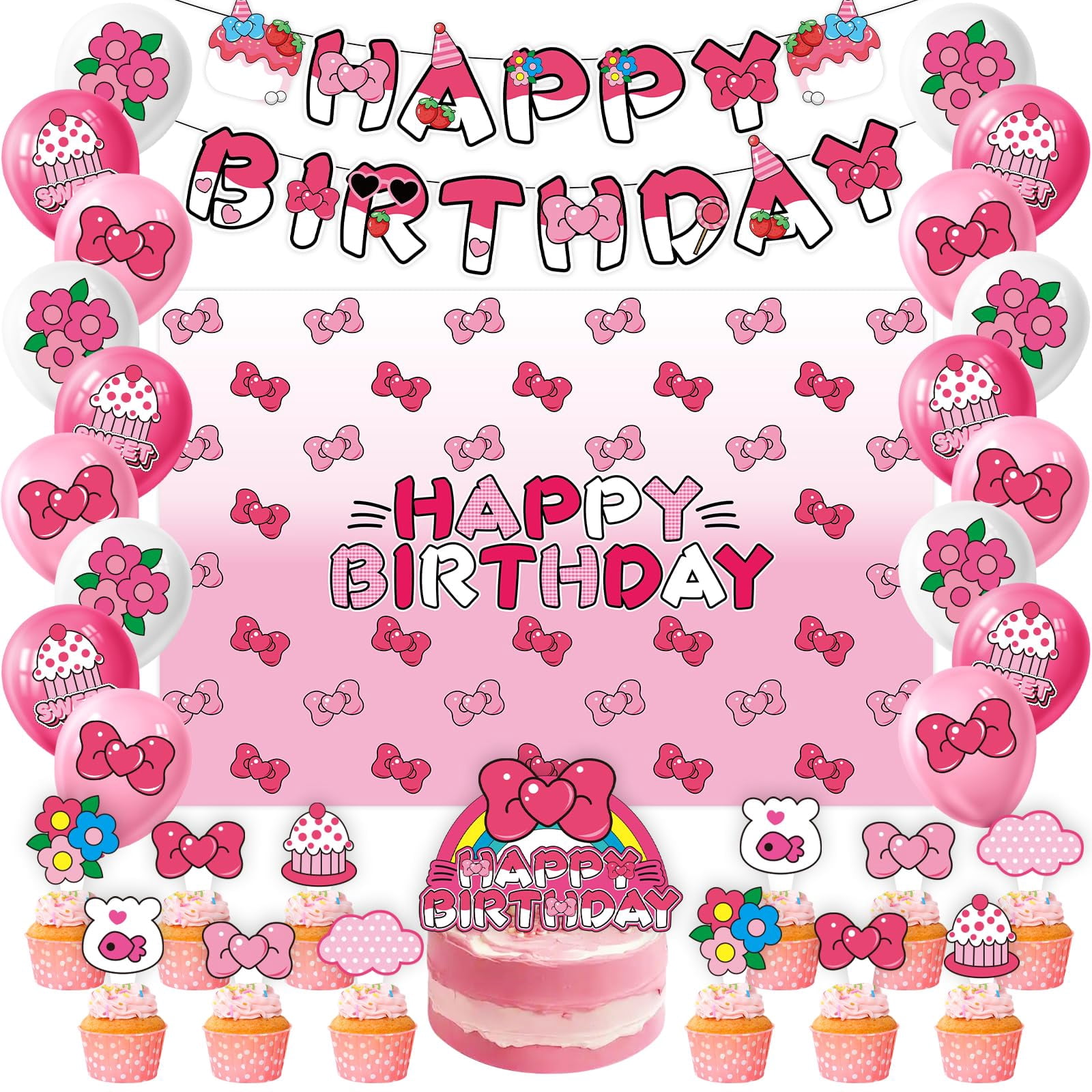 Pink Bow Birthday PriNst Party Supplies, Cartoon Cat Theme Party ...
