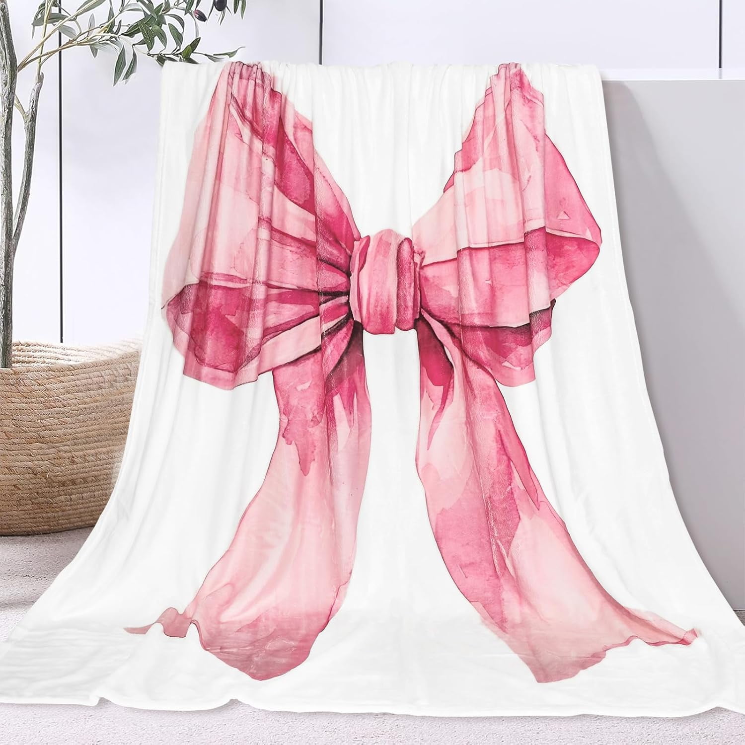 Pink Bow Blanket Watercolor Bow Throw Blanket Pink Bow Cozy Fluffy ...