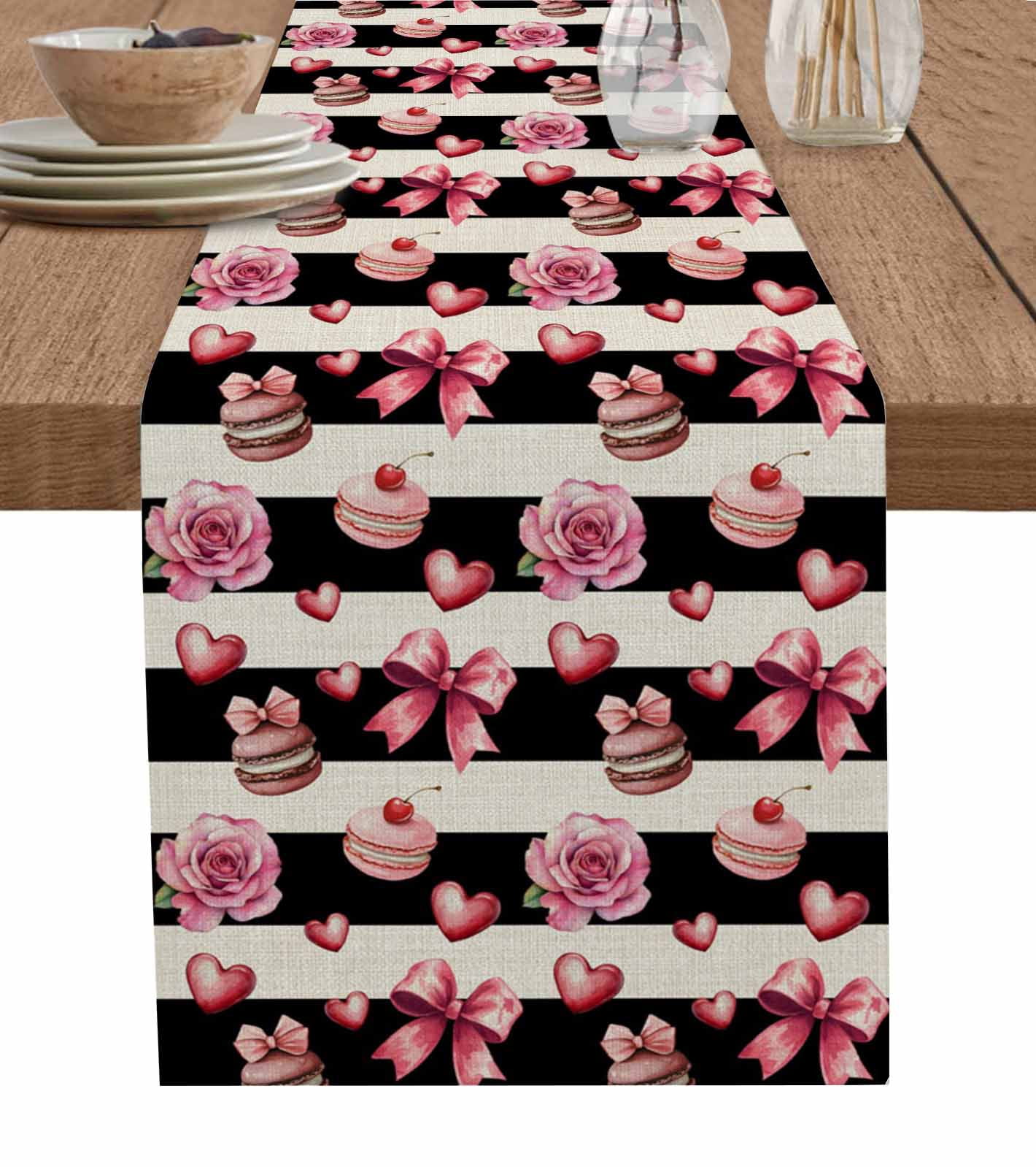 Pink Bow Cake Table Runner 70 Inches, Black Pink Striped Linen Love ...