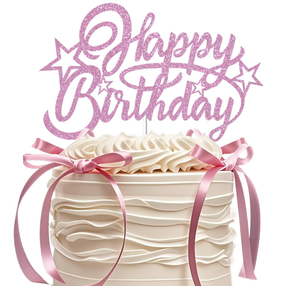 Pink Bow Cake Topper Ribbion Cake Topper KMC2with Happy Birthday Sign ...