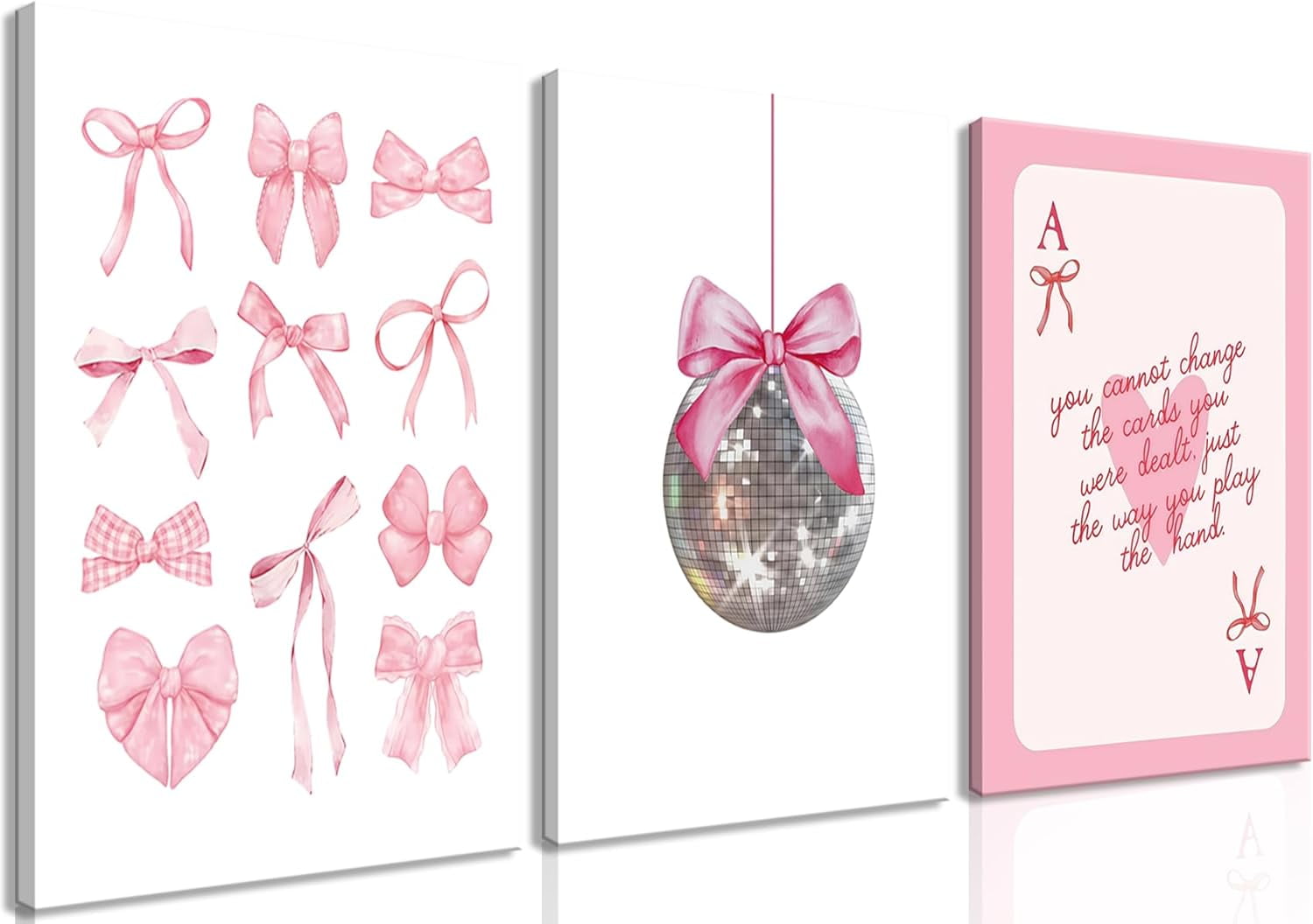 Pink Bow Canvas Wall Art Set of 3 Coquette Disco Ball Room Decor Aesthetic Pictures, Pink Loving ...