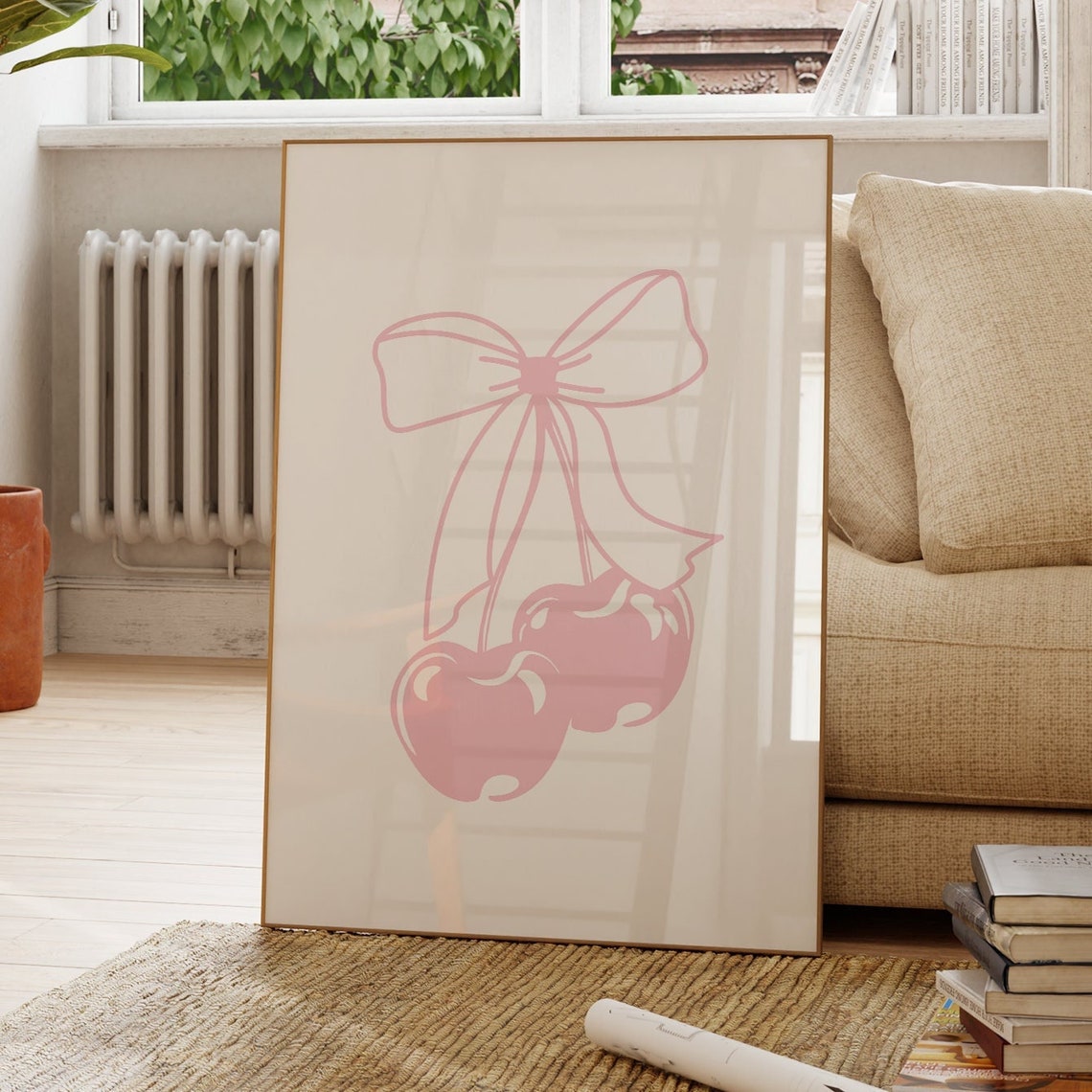 Pink Bow Cherry Poster Hand Illustrated Bow Wall Art Prints Trendy ...