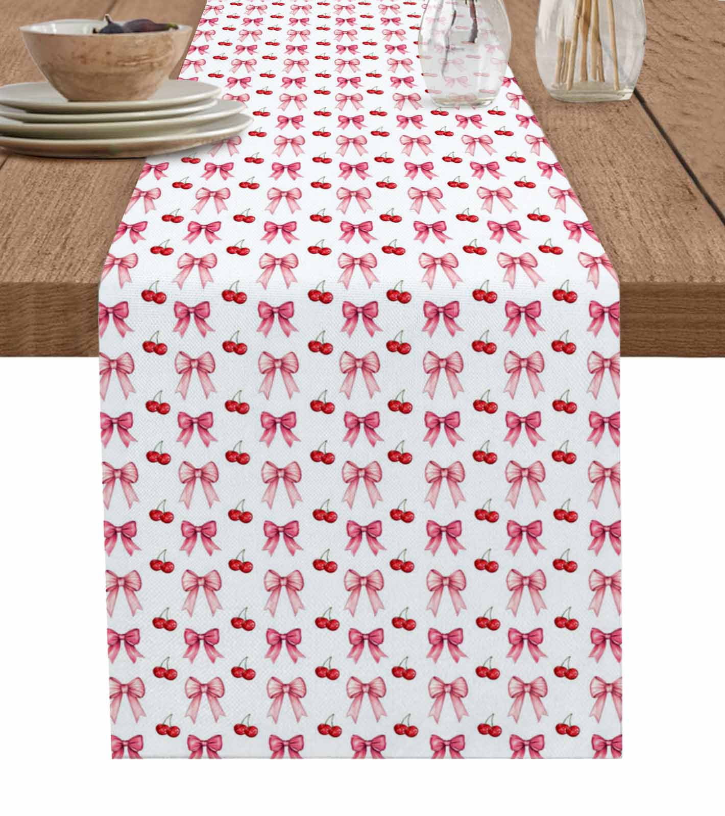 Pink Bow Cherry Table Runner 60 Inches, Sweet Romantic Preppy Bed ...