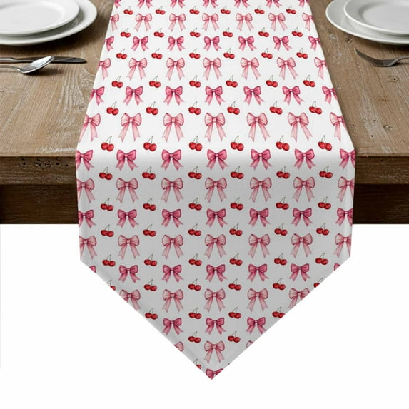 Pink Bow Cherry Table Runner Linen Burlap Table Runner 90 Inches Long ...