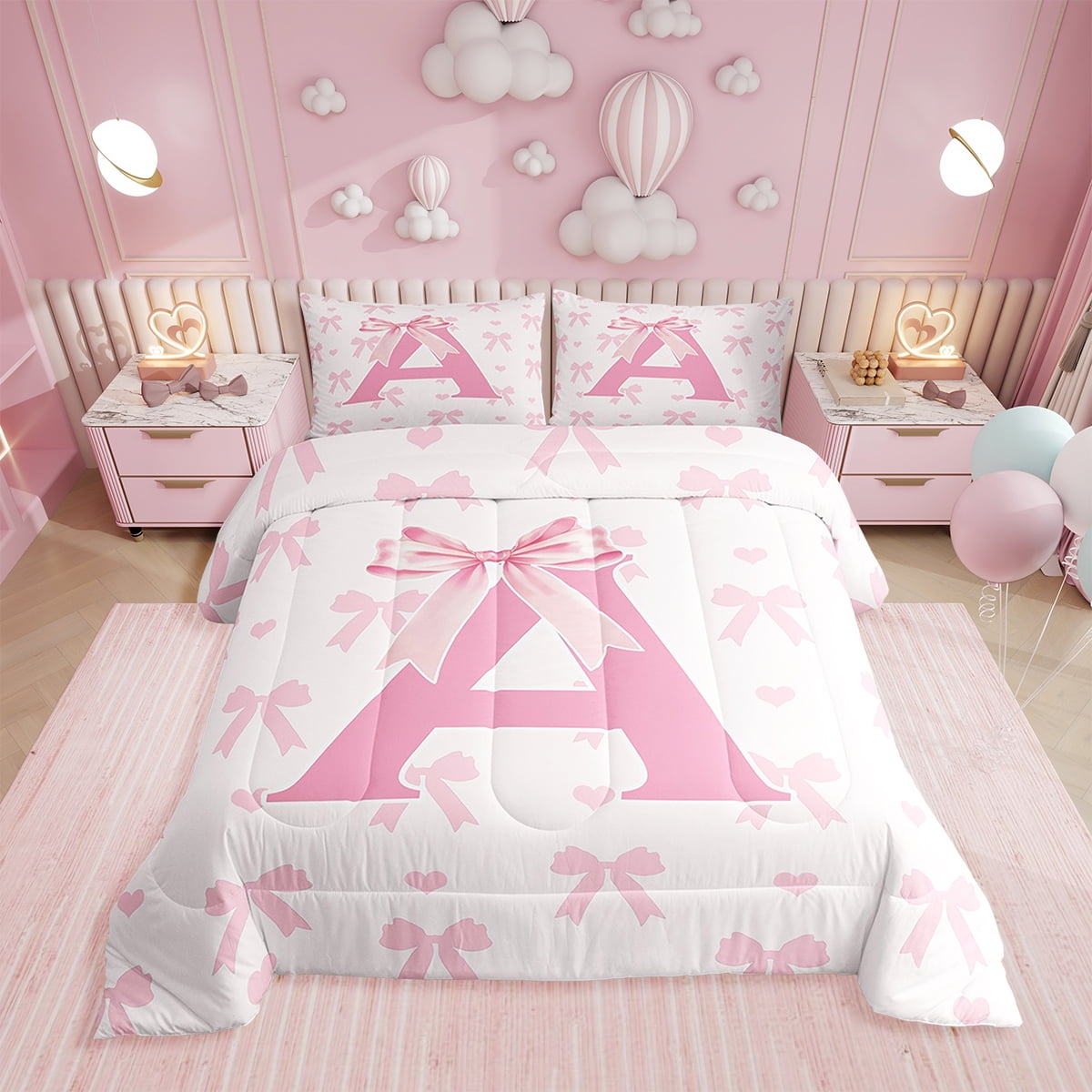 Pink Bow Comforter Set King Size,Initial Letter A Chic Romantic Bedding ...