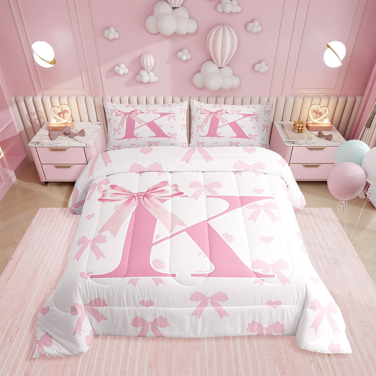 Pink Bow Comforter Set Queen Size,Initial Letter K Chic Romantic ...