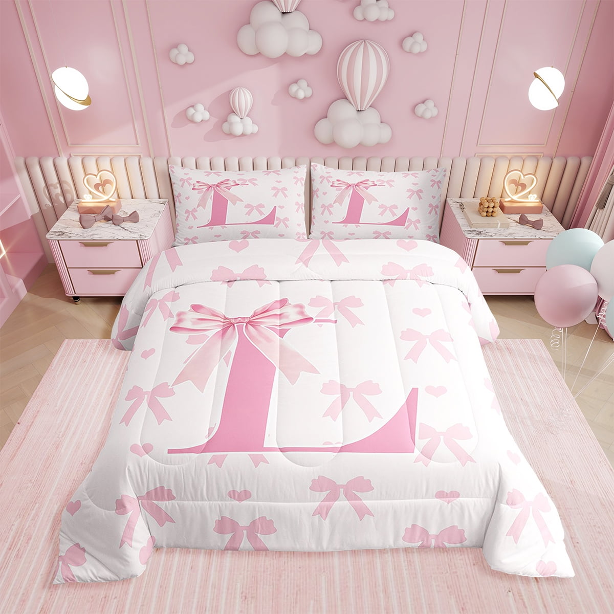 Pink Bow Comforter Set Twin Size,Princess Style Bowknot Love Hearts ...