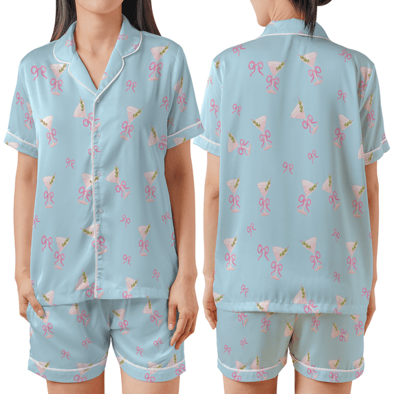 Pink Bow & Cute Cocktail Print Sleepwear, Women’s Satin Pajamas Set ...
