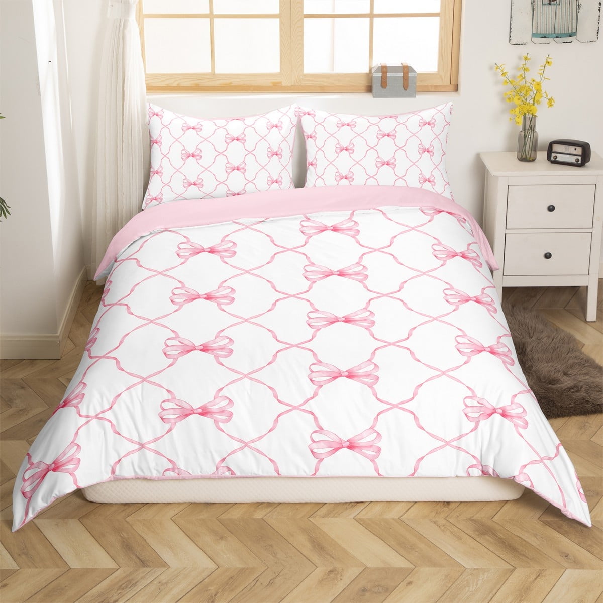 Pink Bow Duvet Cover Cute Bowknot Full Comforter Cover Grids Ribbon Bow ...