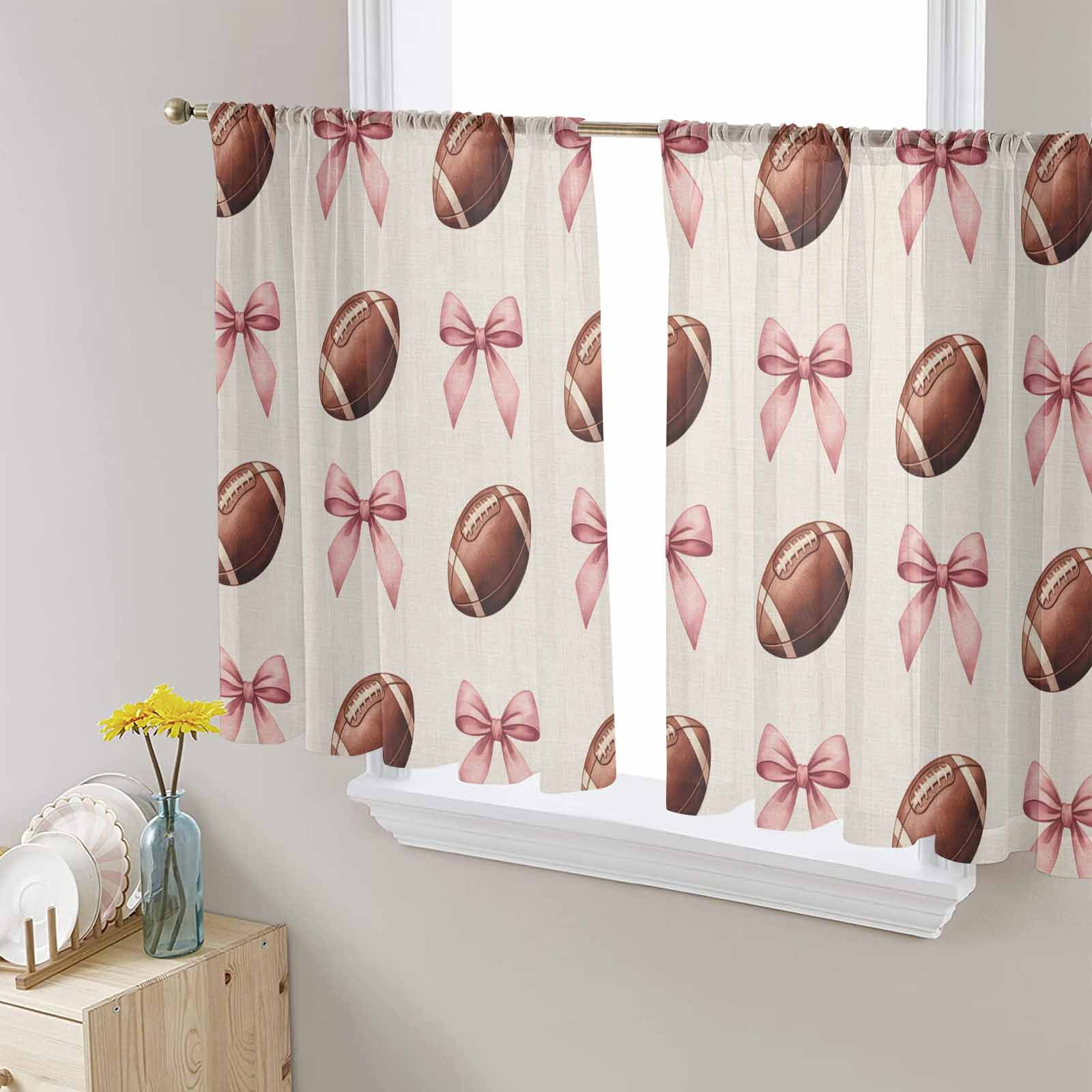 Pink Bow Football Sheer Curtains 54 Inch Length 2 Panels Set for Living ...