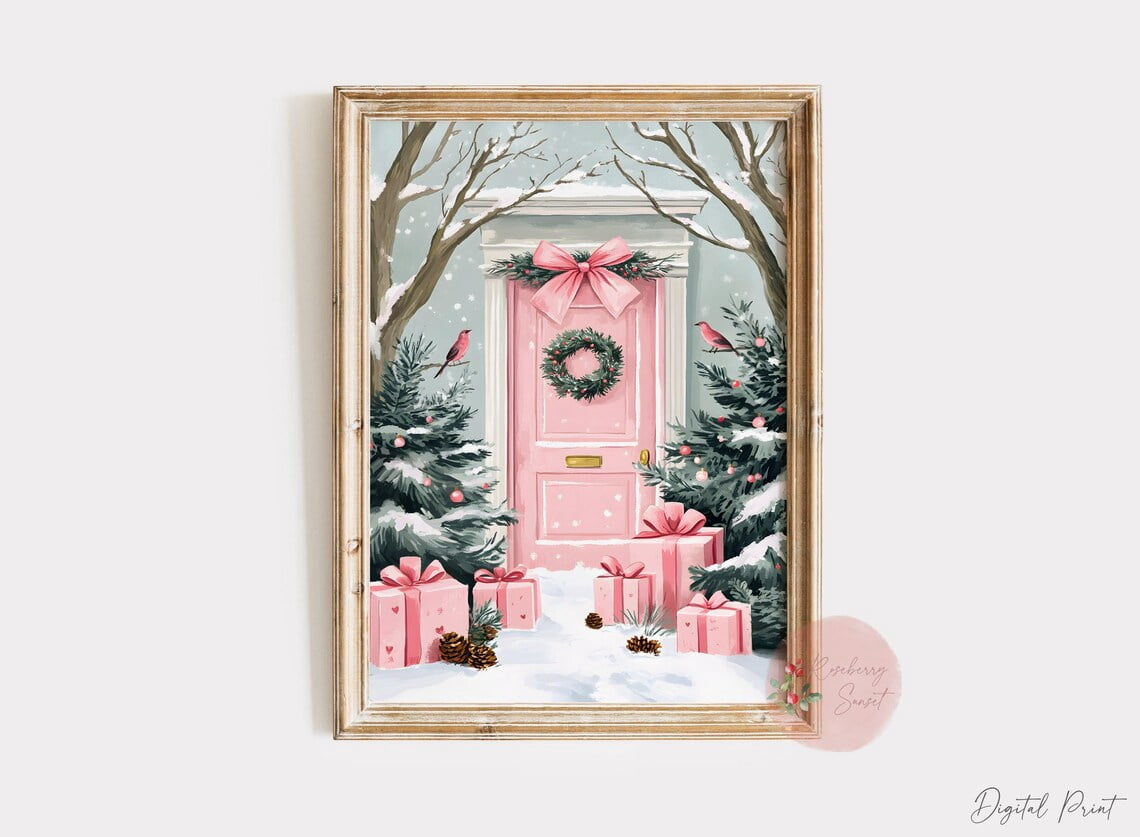 Pink Bow Front Door Presents Coquette Painting Art Print, Holiday Pink ...