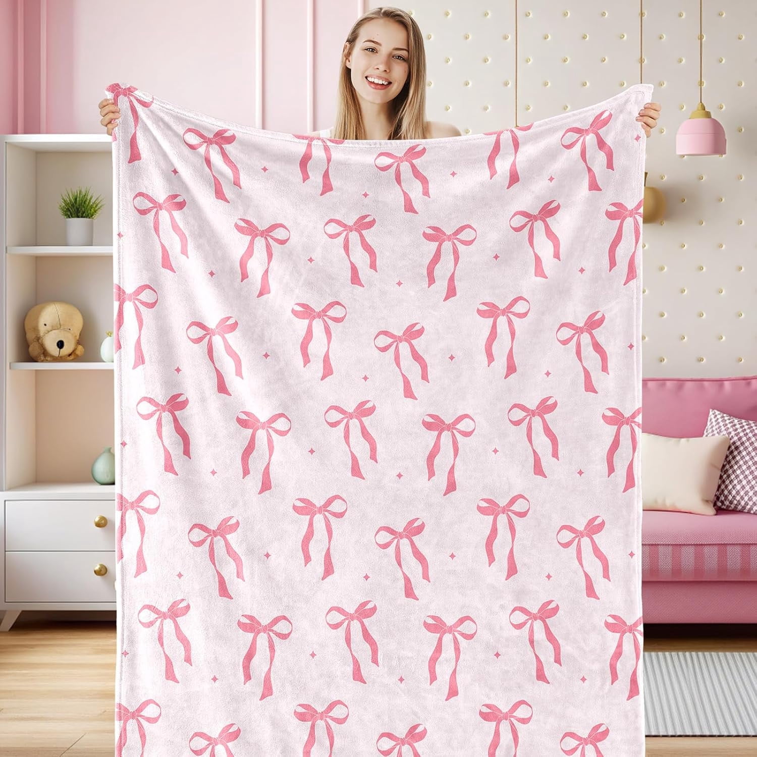 Pink Bow Fuzzy Blanket Cute Bowknot Throw Blanket Bowtie Cozy Flannel ...