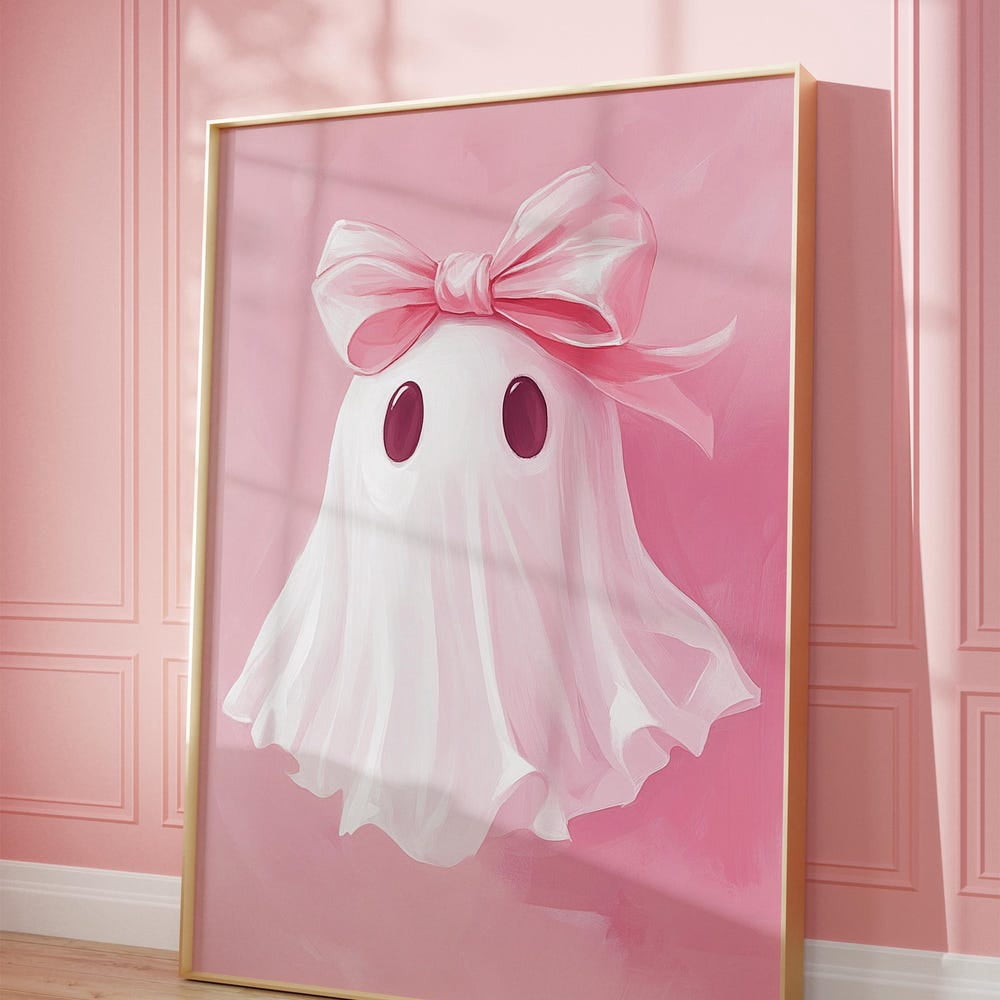 Pink Bow Ghost Wall Art Print, Halloween Decor, Trendy Wall Art, Preppy ...