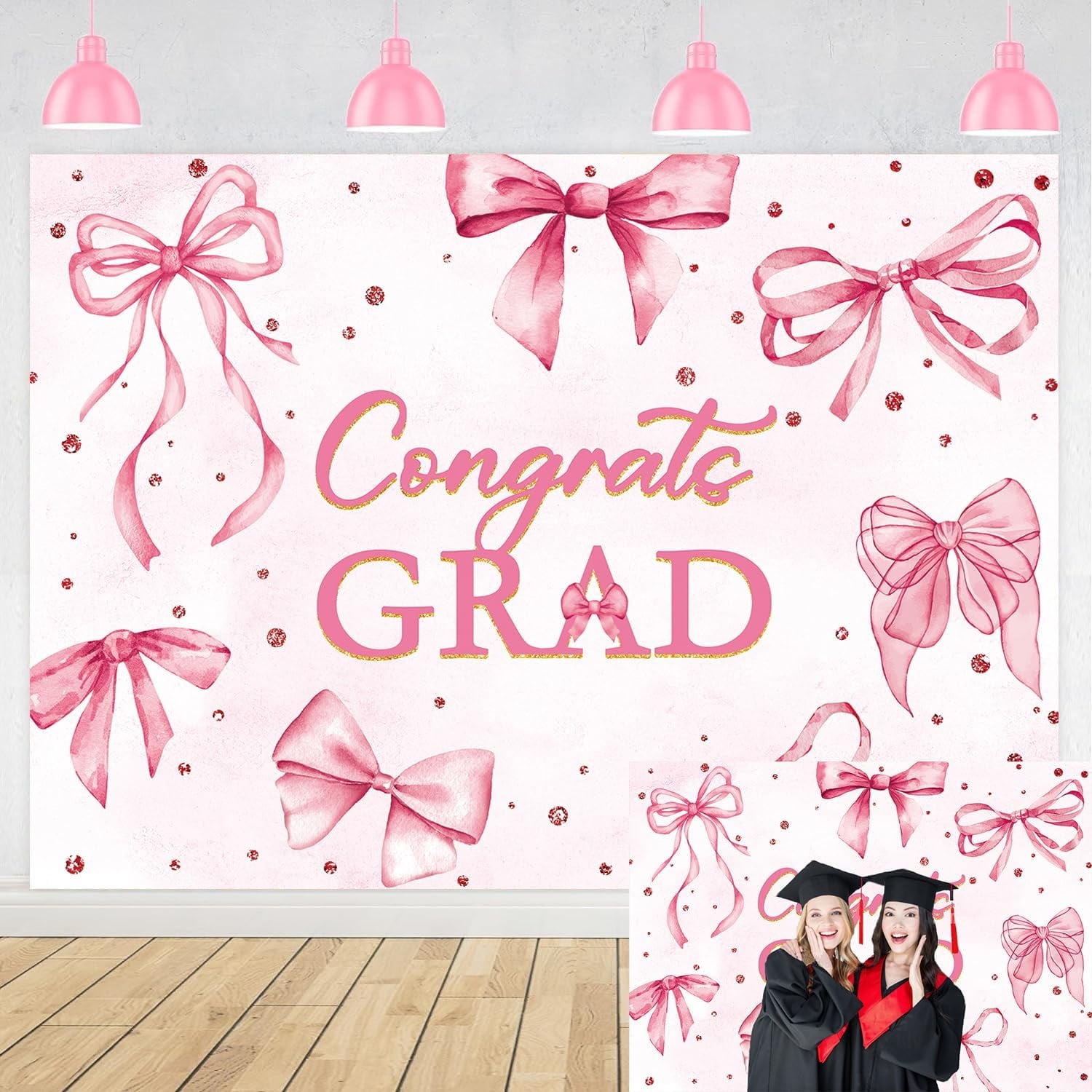 Pink Bow Graduation Backdrop Coquette Congrats Grad Backgeound Bowknot ...