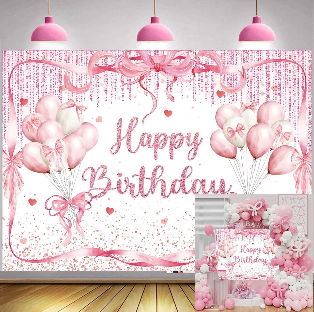 Pink Bow Happy Birthday Pretty Banner Backdrop Pink Bow Birthday ...