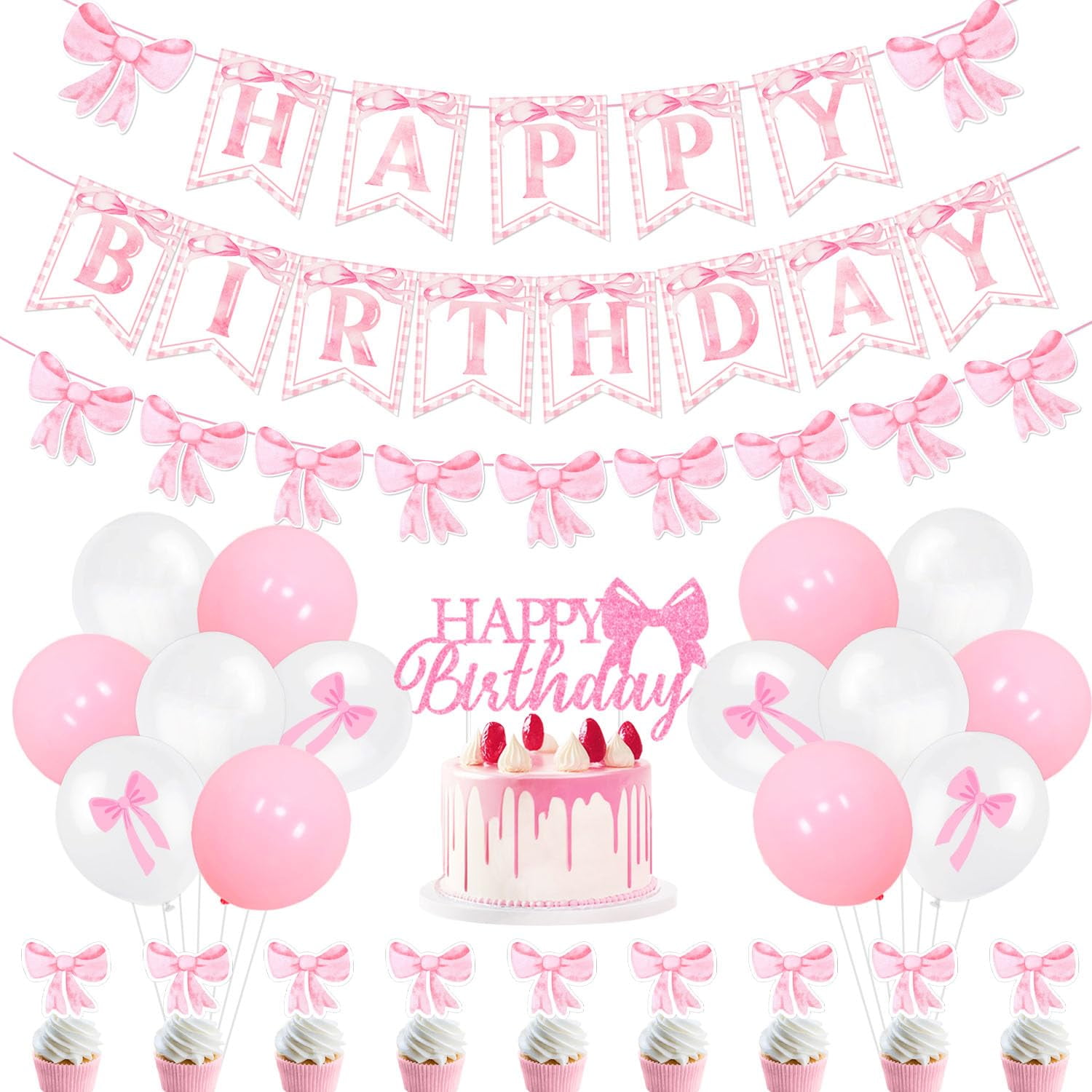 Pink Bow Happy Party Decorations BSL1 Girl Coquette Decortions Pink Bow ...