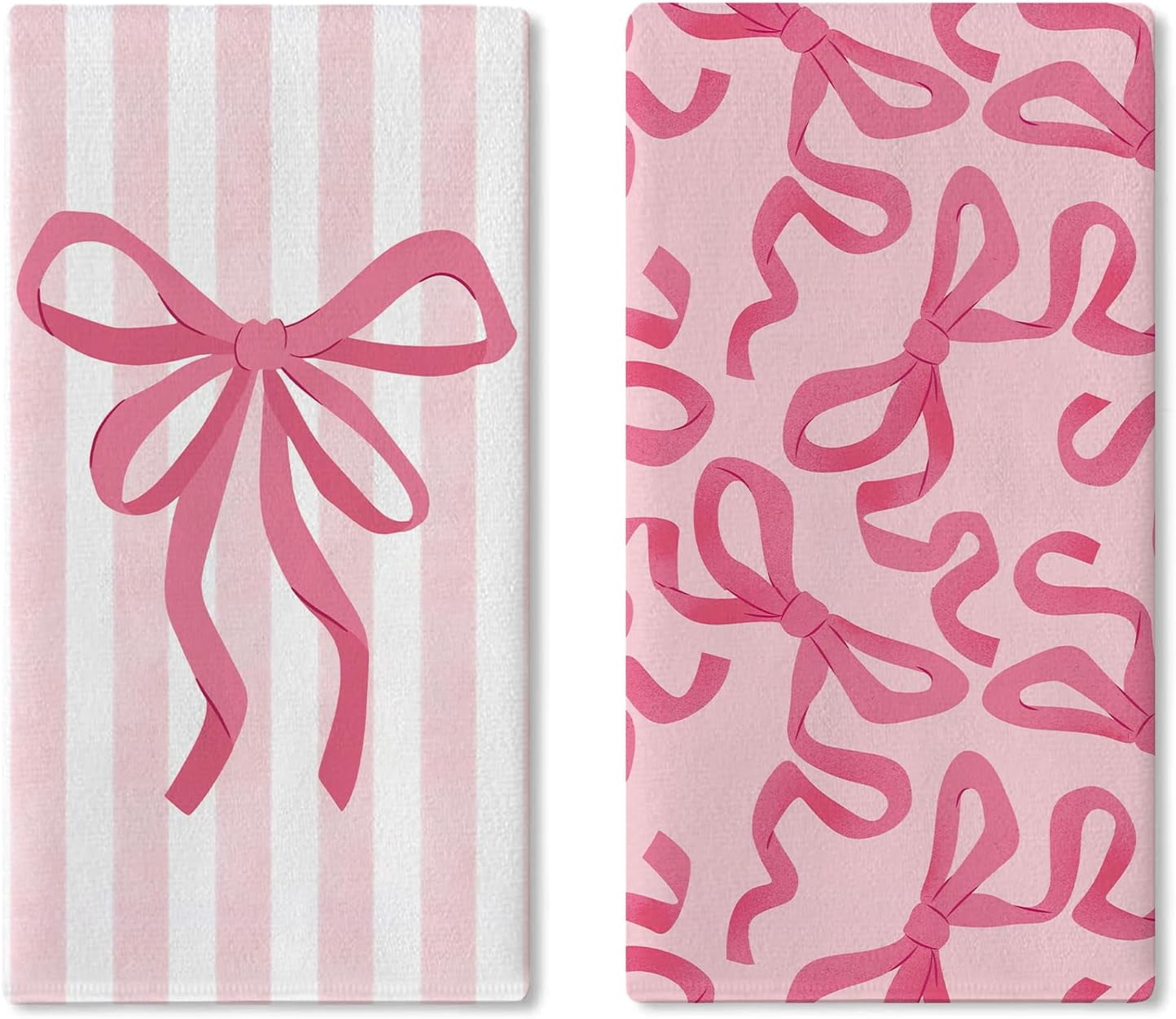 Pink Bow Kitchen Dish Towels Set of 2, Coquette Ribbon Stripes Preppy ...