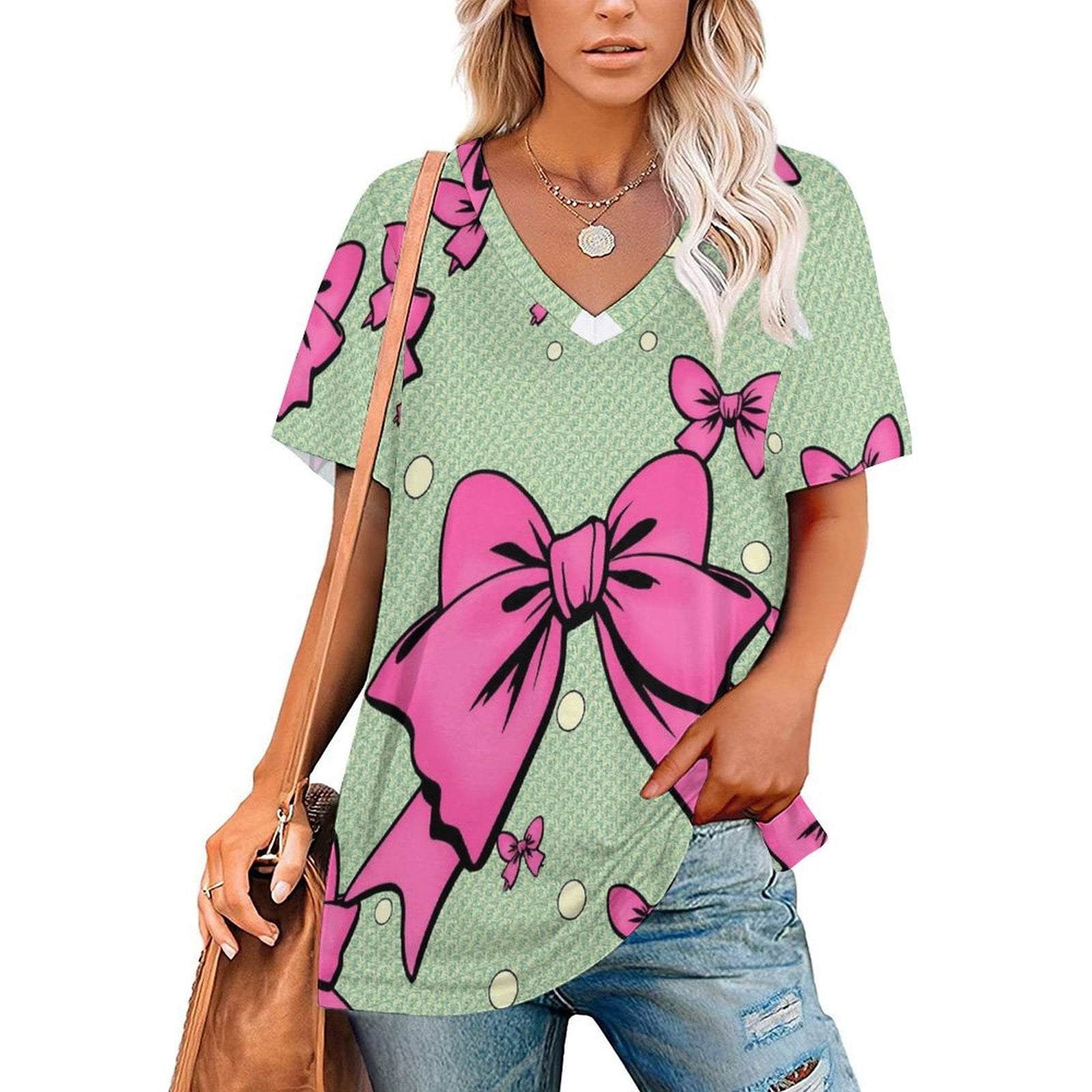 Pink Bow Pattern V Neck Fashion Oversize T-Shirt Short Sleeve Aesthetic ...