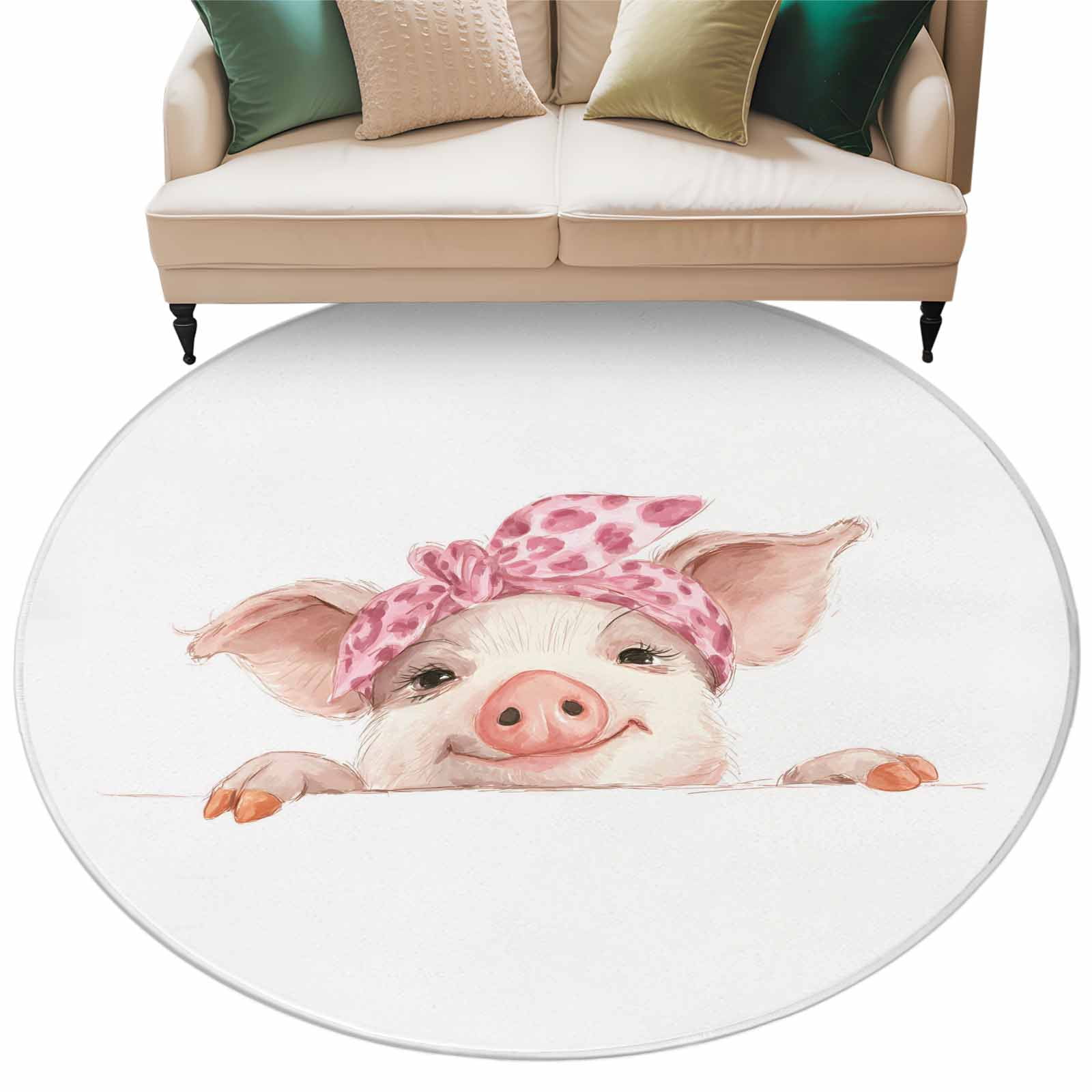 Pink Bow Pig Area Rug, Cartoon Cute Animal Washable Large Circle Carpet ...