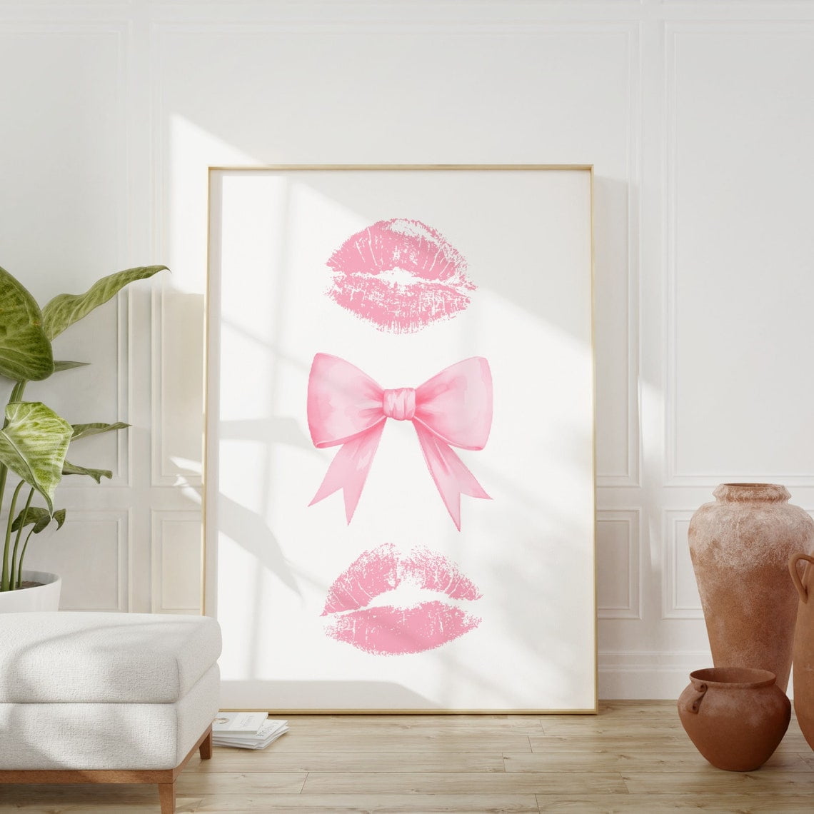 Pink Bow Print, Coquette Room Decor, Kiss Poster, Pink Lips Wall Art ...