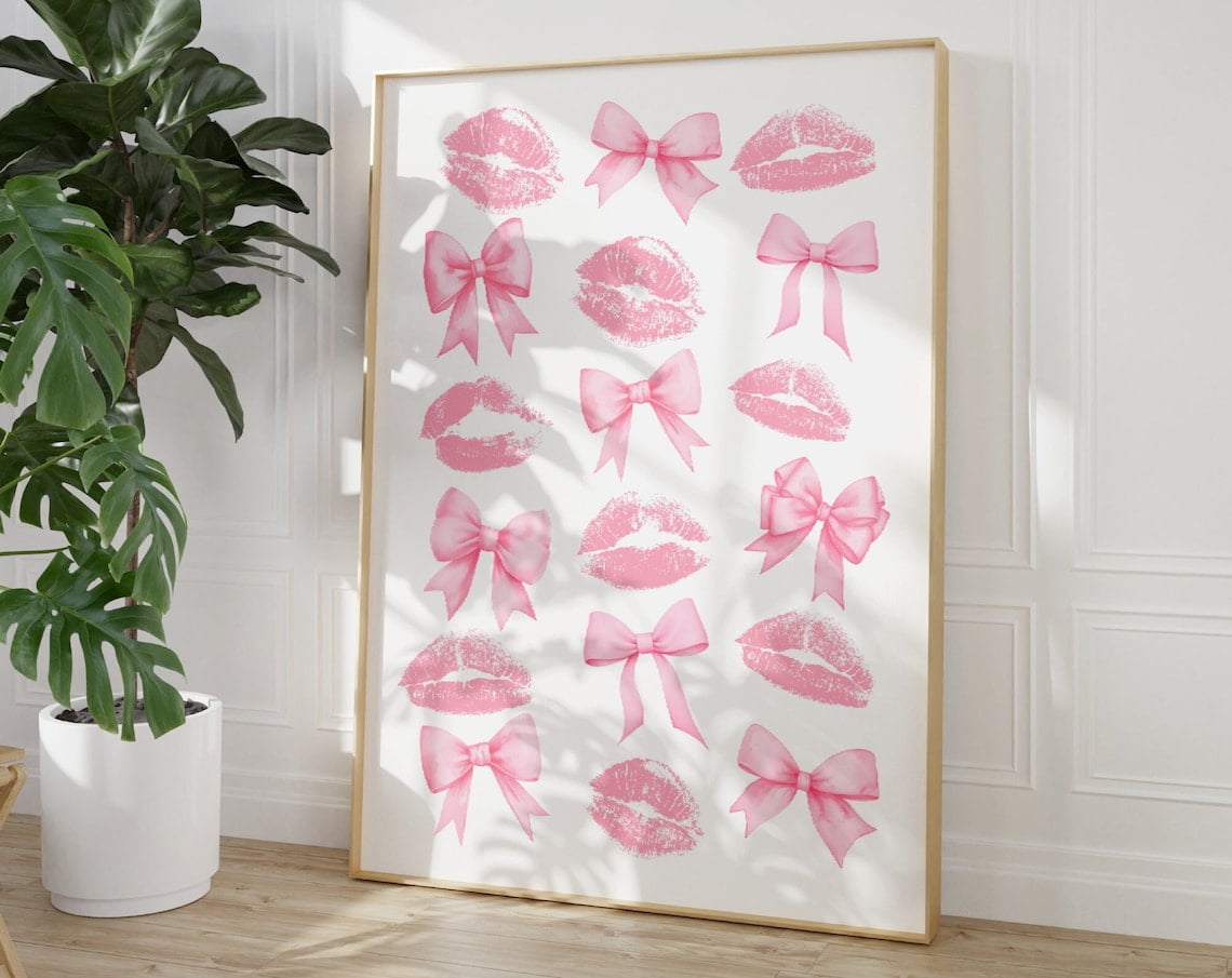 Pink Bow Print, Coquette Room Decor, Kiss Poster, Pink Lips Wall Art ...