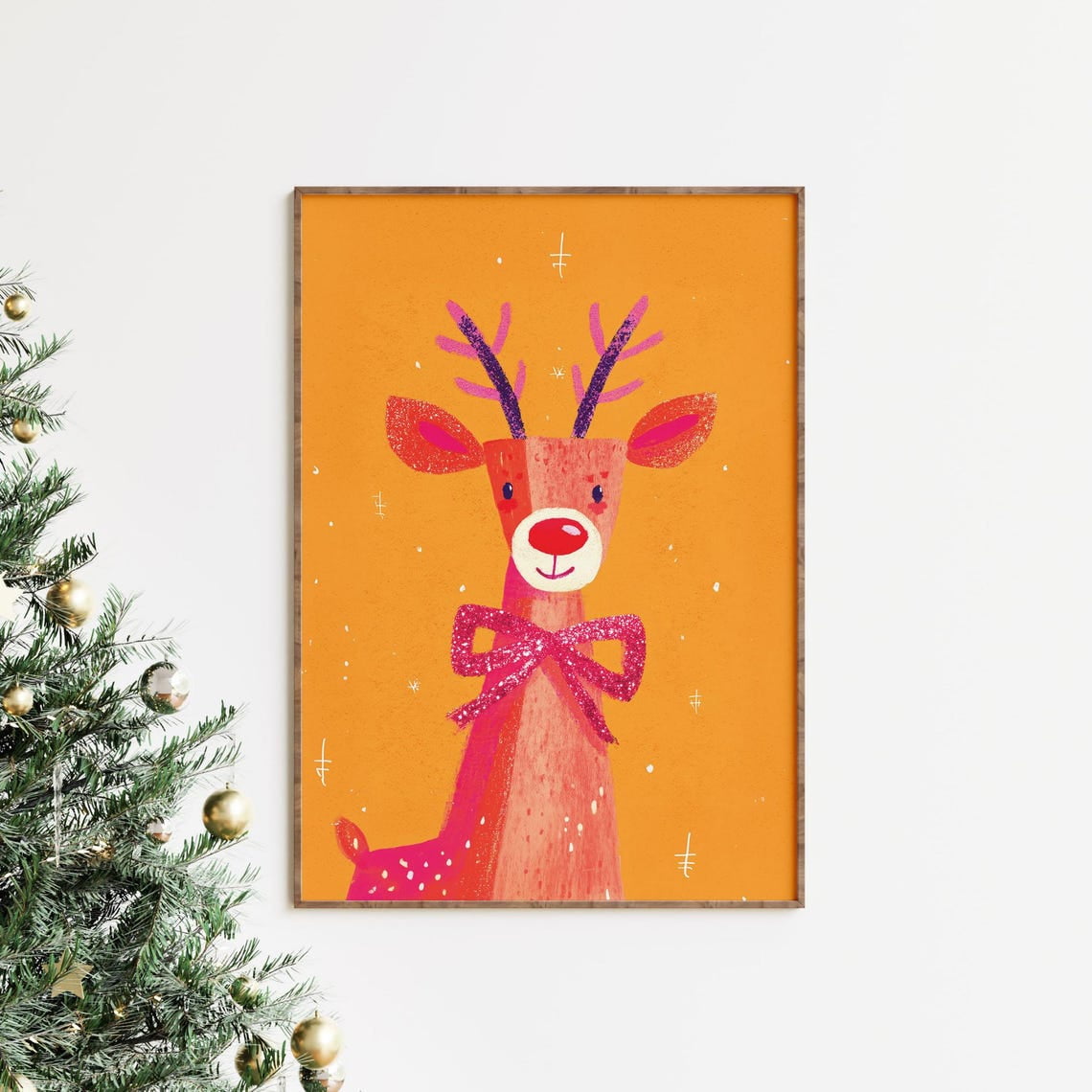 Pink Bow Reindeer Wall Art Retro Winter Festive Decor Girly Festive ...