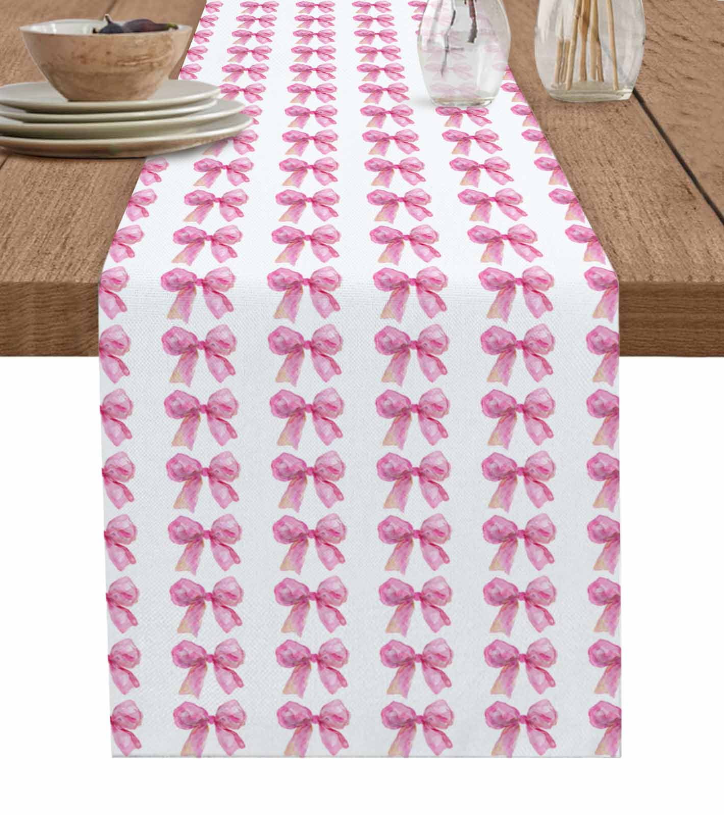 Pink Bow Ribbon Burlap Cotton Table Runner 13x120 Inches Long, Bowknot ...