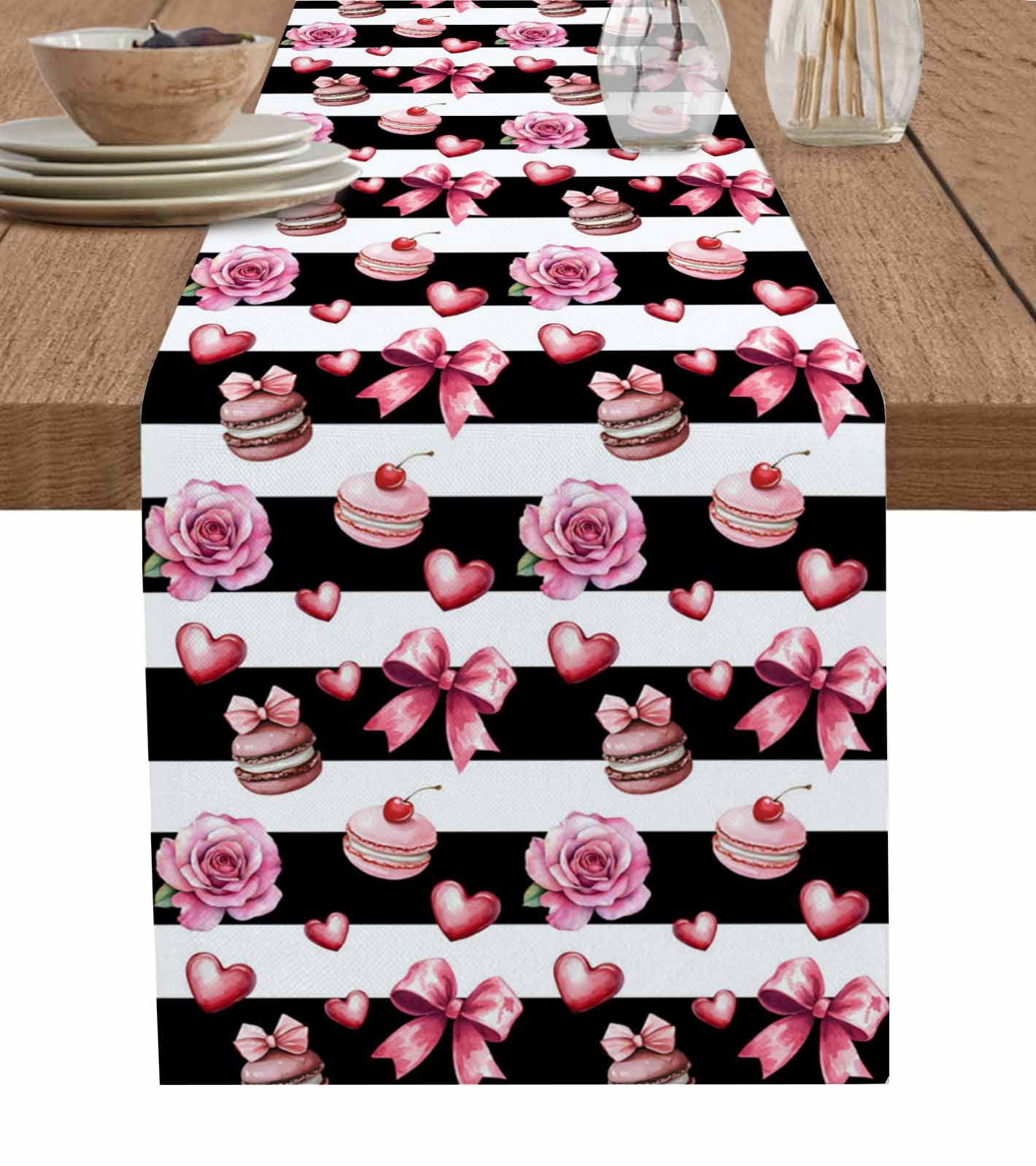 Pink Bow Rose Table Runner 90 Inches, Cake Love Black White Striped Art ...