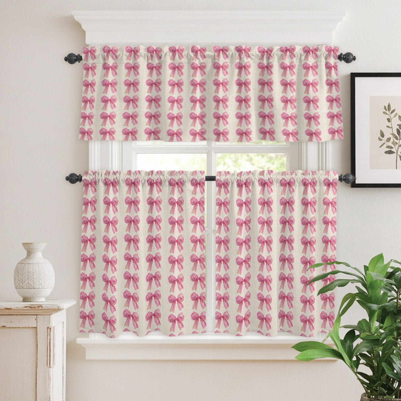 Pink Bow Seamless Curtain Tier and Valance Set 3 Piece,Retro Linen 3 ...