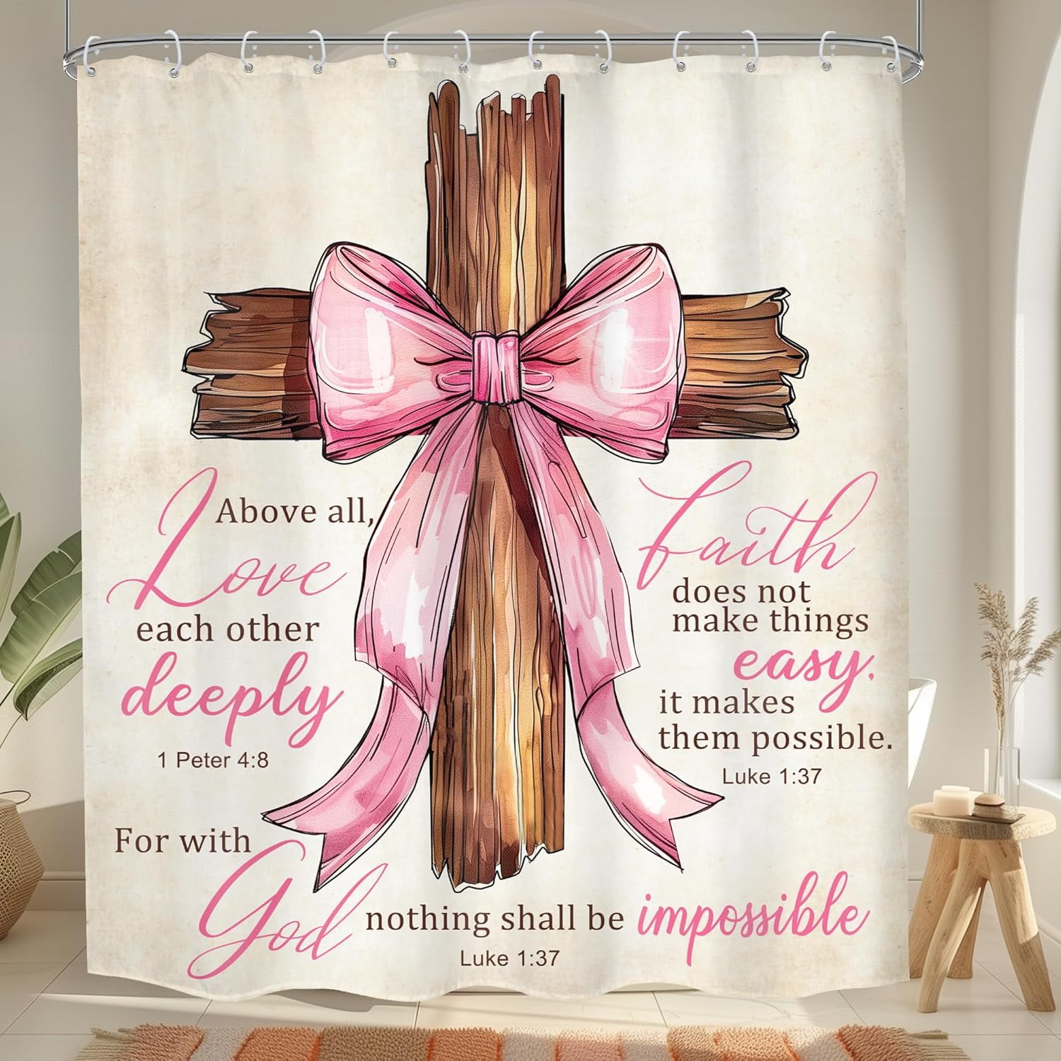 Pink Bow Shower Curtain 60Wx72H Girl Wood Cross Coquette Retro Bible Verse Christain Bownot ...