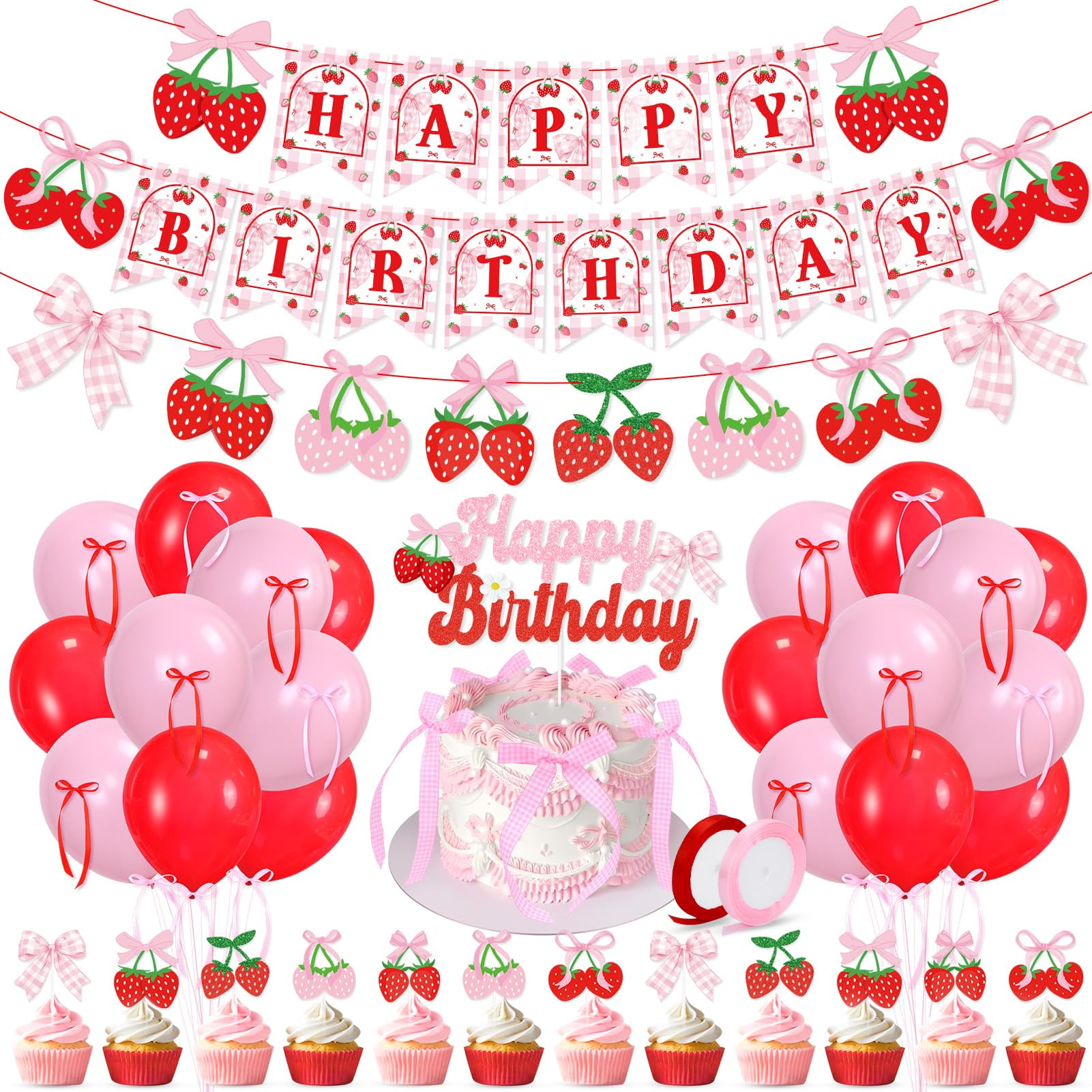 Pink Bow Strawberry CORNET Party Decor Strawberry Bows Banner Cake ...