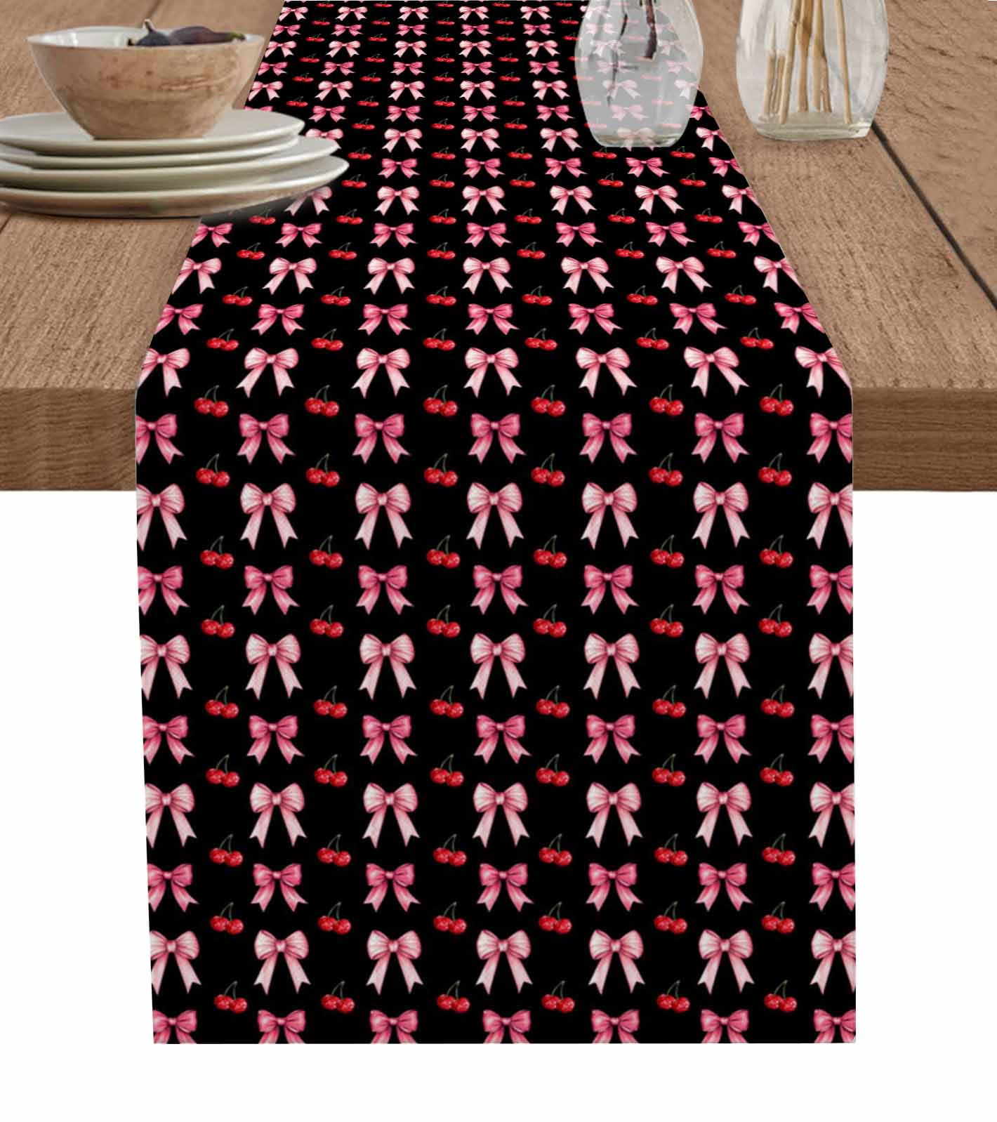 Pink Bow Table Runner 72 Inches, Red Cherry Black Cute Preppy Aesthetic ...