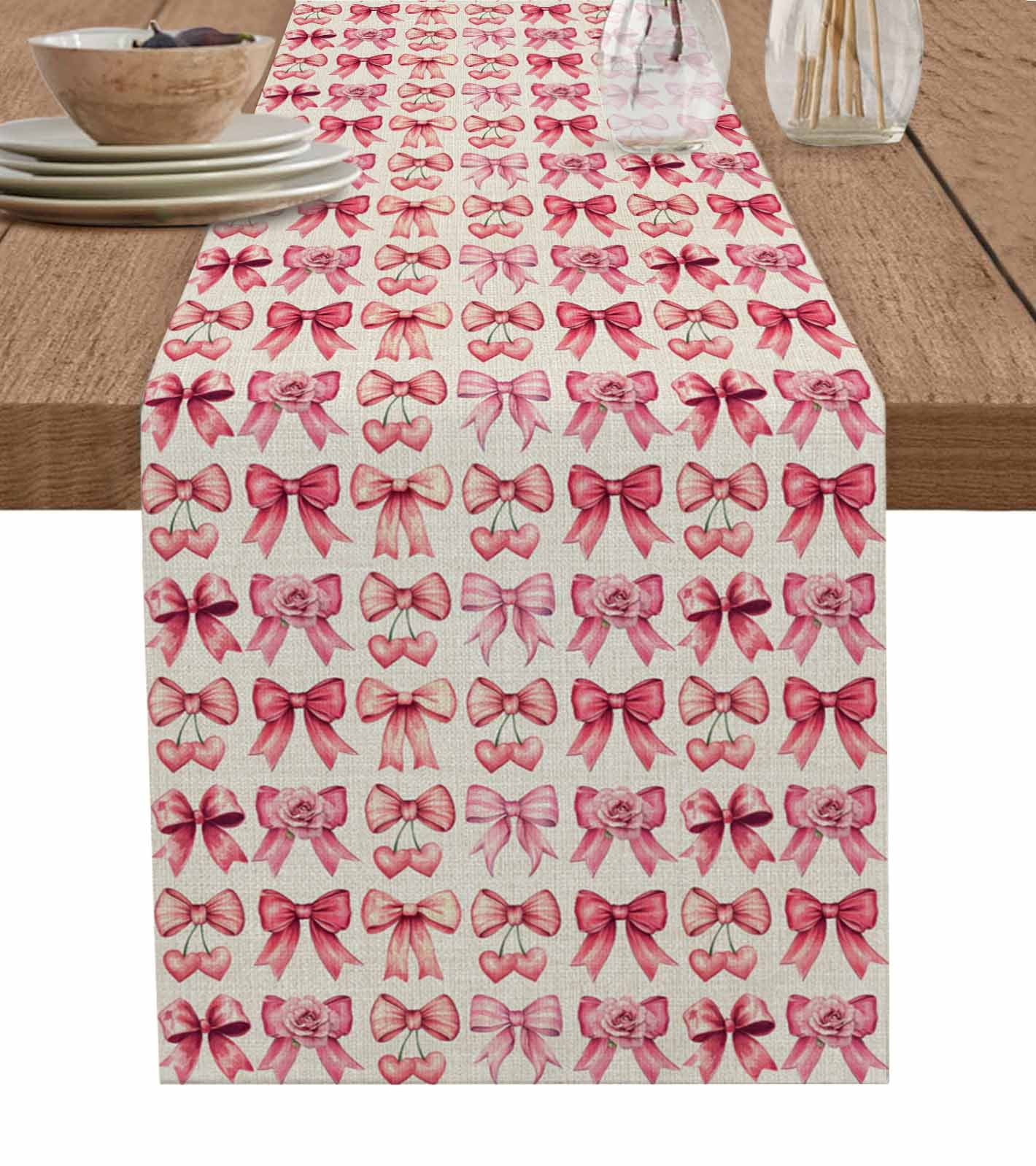 Pink Bow Table Runner 72 Inches, Romantic Rose Beige Linen Retro Bed ...