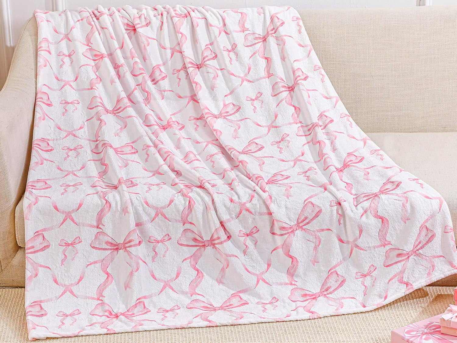 Pink Bow Throw Blanket Cute Flannel Soft Blanket Coquette Bownot Preppy ...