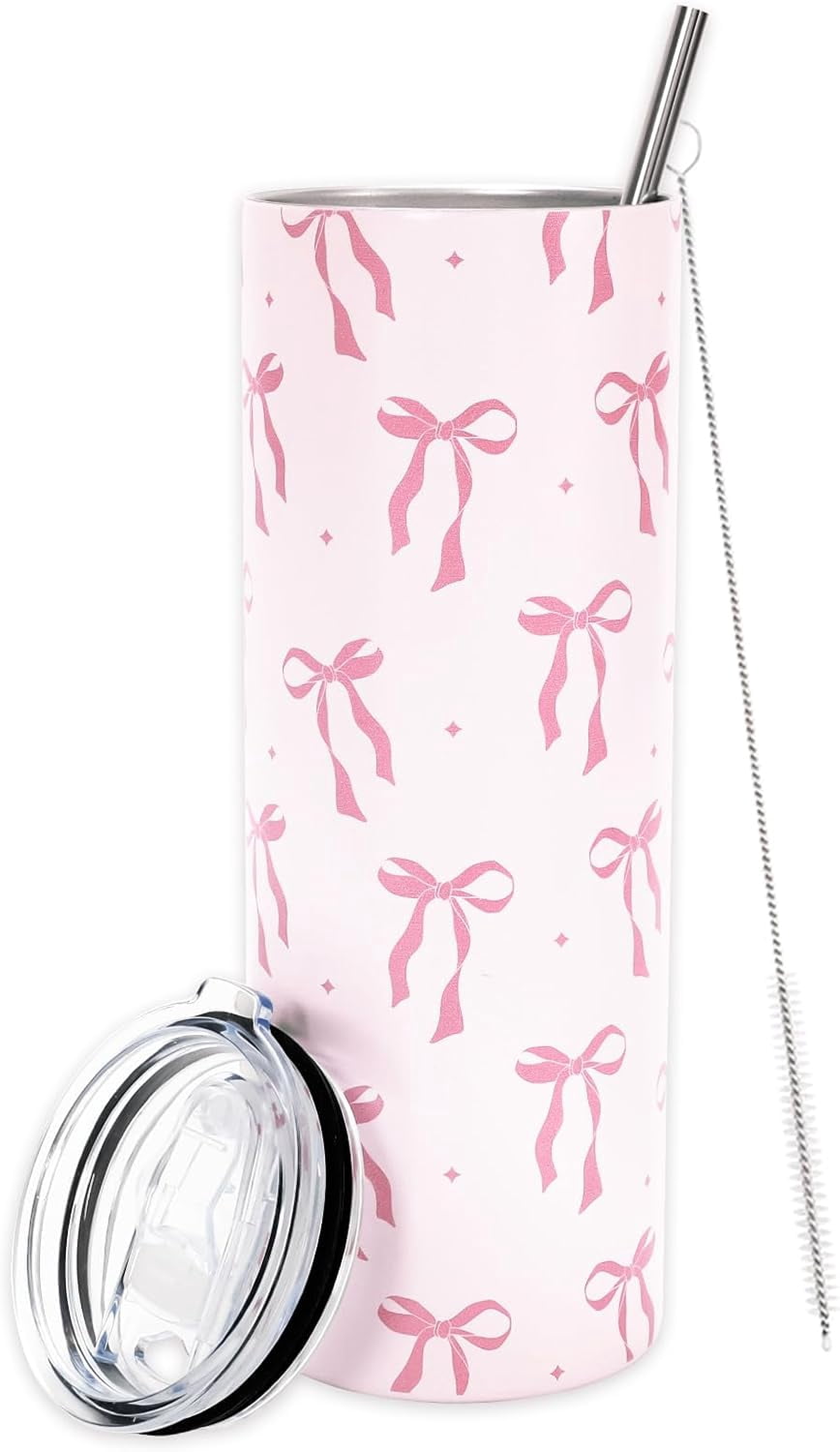 Pink Bow Tumbler with Lid Straw 20 Oz Cute Coquette Bowknot Travel ...