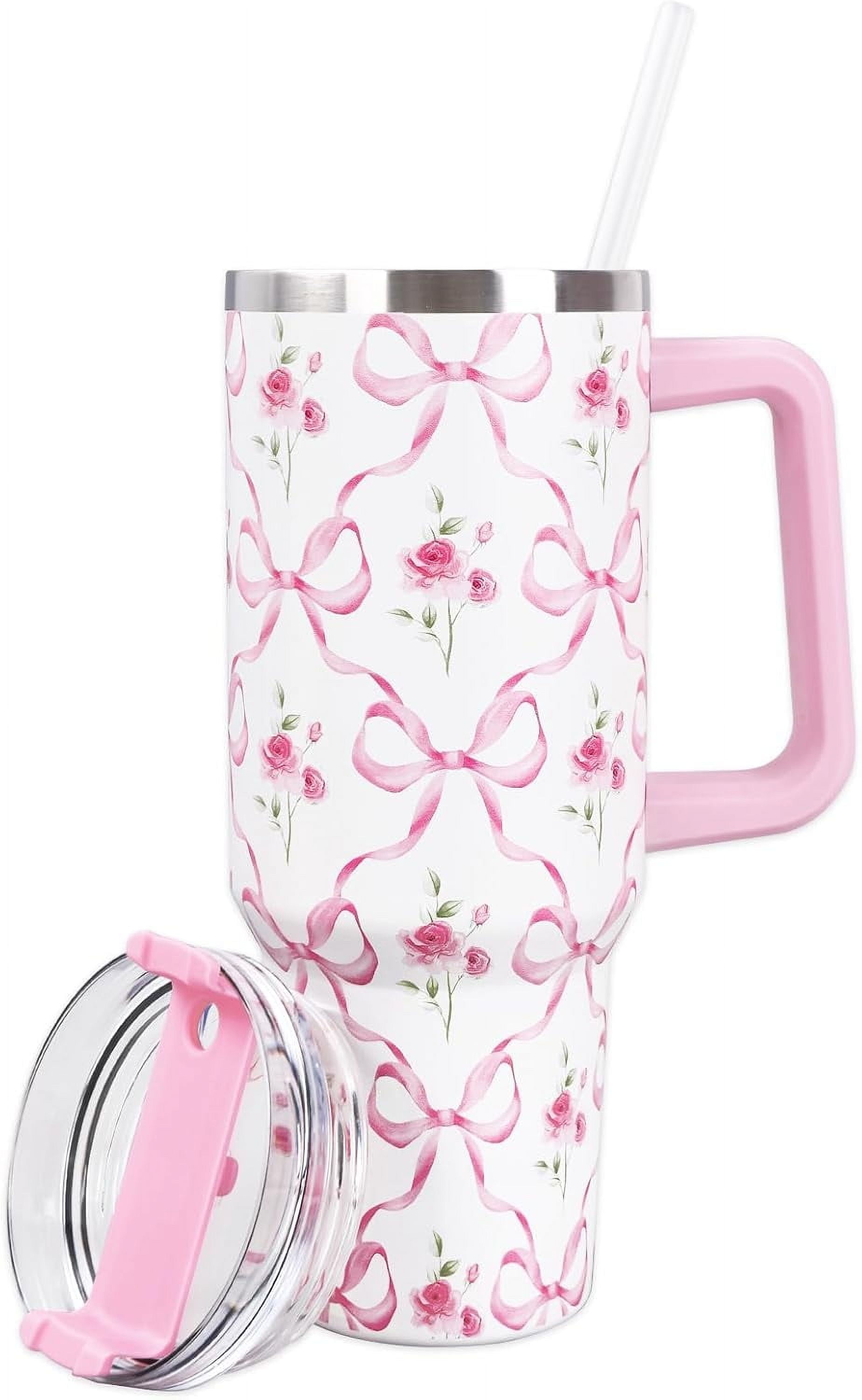 Pink Bow Tumbler with Handle Straw and Lid 40oz Pink Ribbon Bow ...