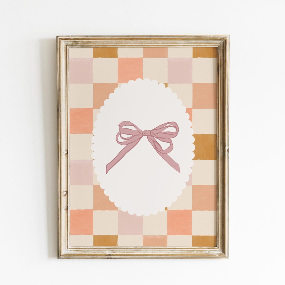 Pink Bow Wall Art Print, Rustic Checkered Background Artwork ...