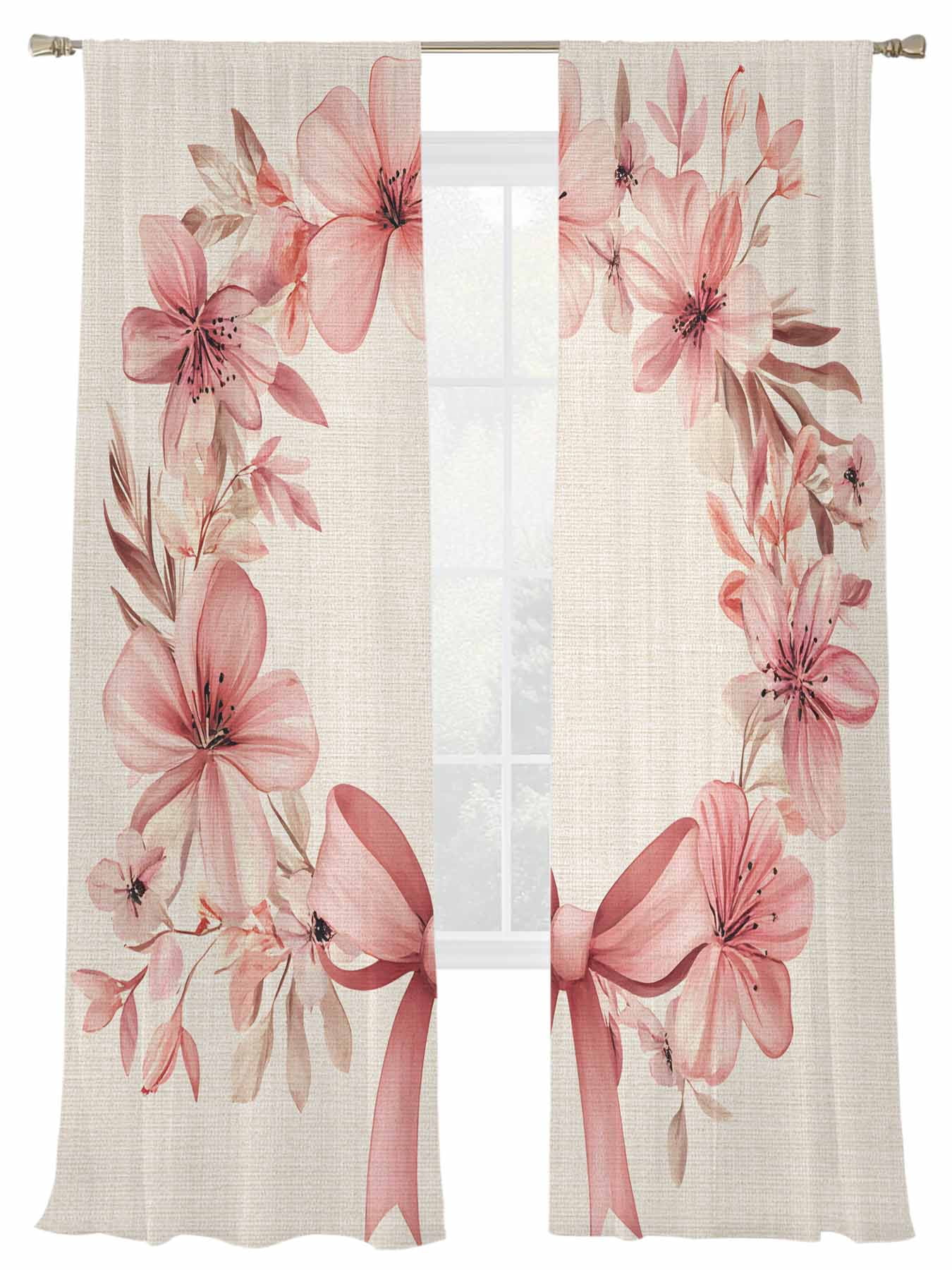 Pink Bow Wreath Sheer Curtains 2 Panels Set Spring Watercolor Flower ...