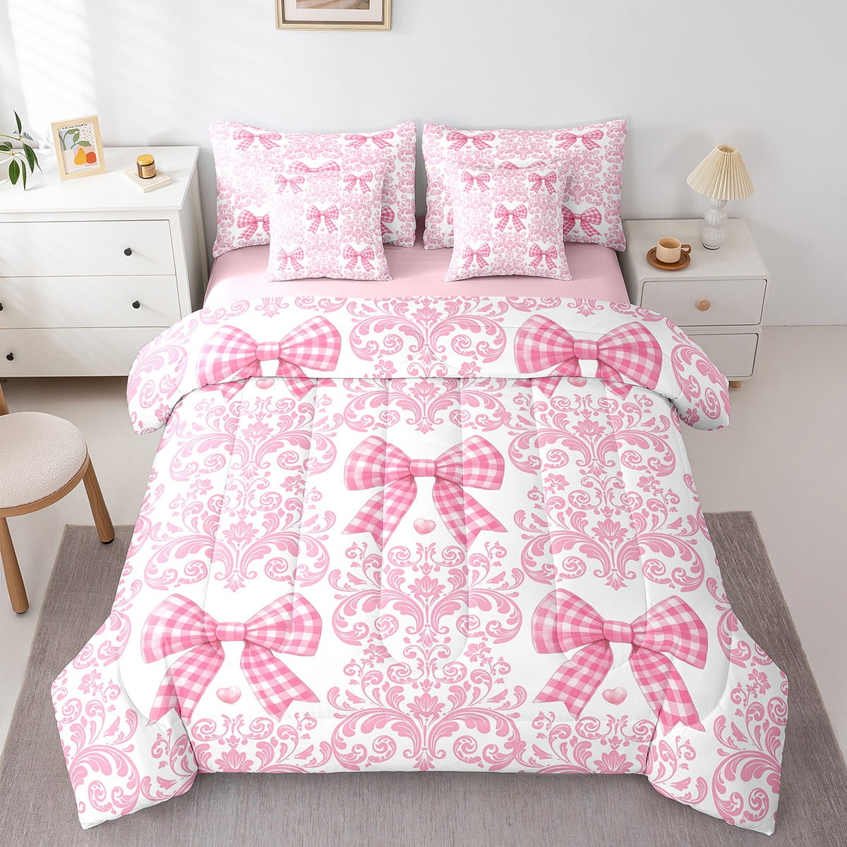 Pink Bowknot Bed in a Bag King Size Comforter Set 7 Pieces,Bohemian ...