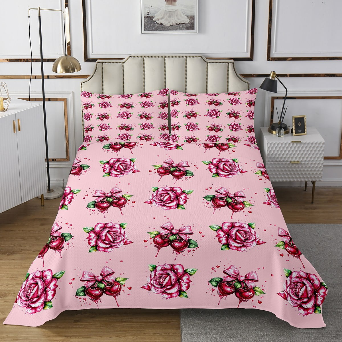 Pink Bowknot Bedspread King Size,Tropical Cherry Roses Flowers Coverlet ...