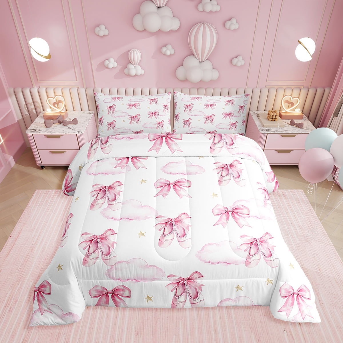 Pink Bowknot Comforter Set Queen Size,Ballet Shoes Dance Star Cloud ...