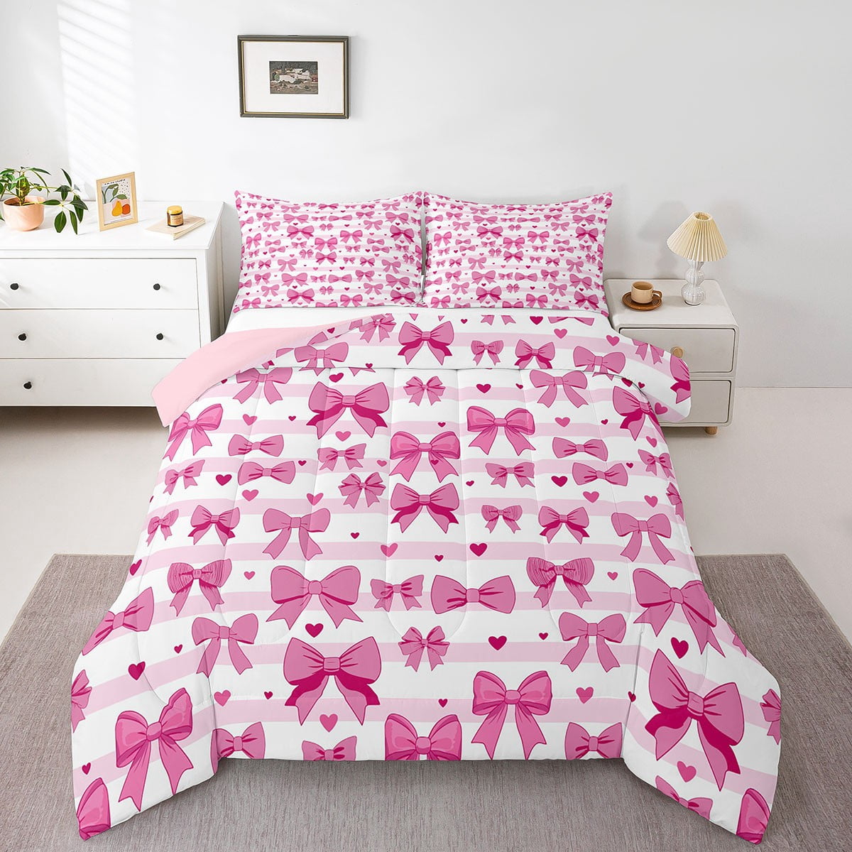 Pink Bowknot Comforter Sets King Size,Pink Geometry Stripes Bedding ...