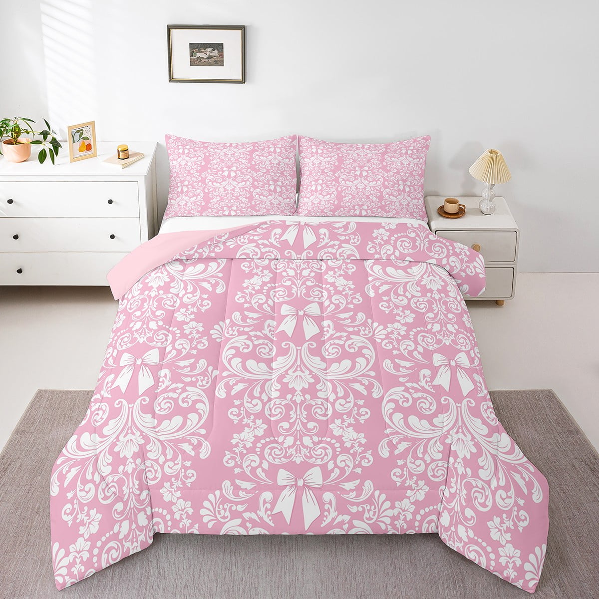 Pink Bowknot Comforter Set Antique Victorian Damask King Bedding Set ...