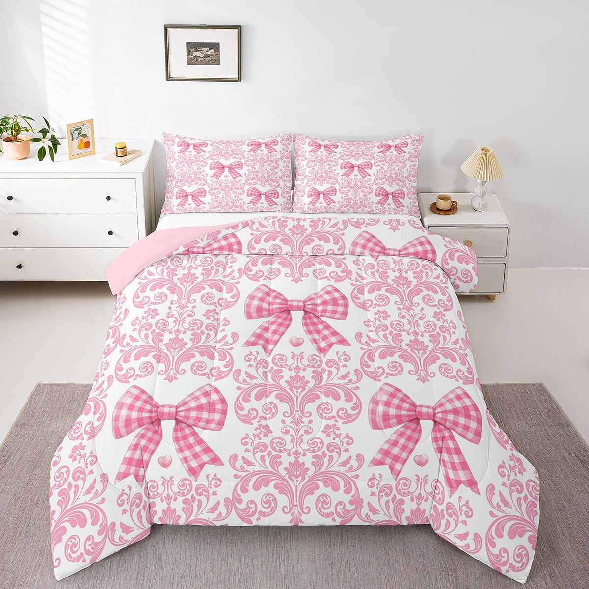 Pink Bowknot Comforter Set Bohemian Exotic Damask Bed Set,Cute Ribbon ...