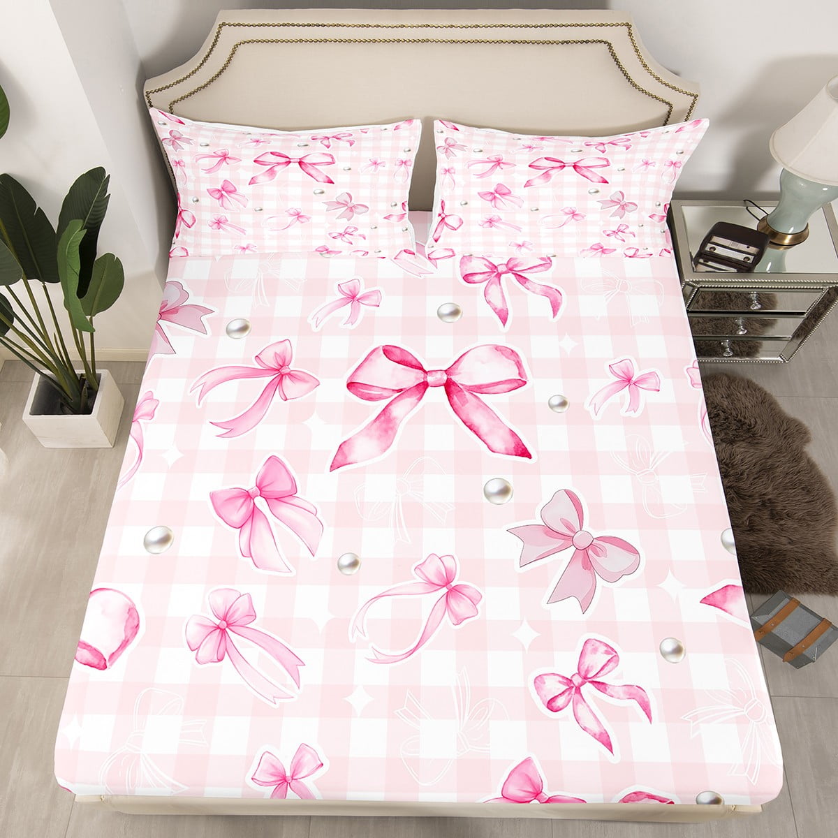 Pink Bowknot Fitted Sheet Queen Size,Lovely Bows Pearl Bedding Set,Pink ...